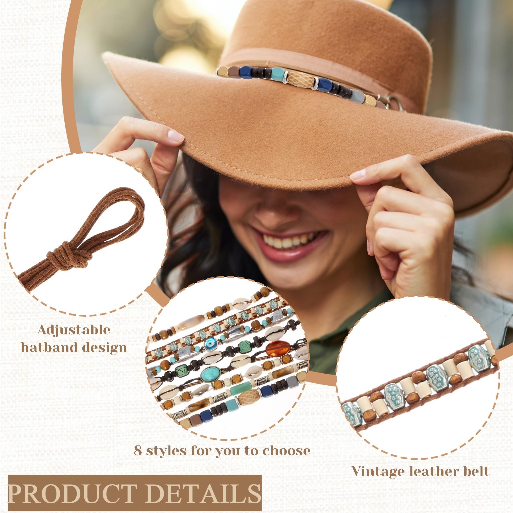 phnydreg 8PCS Cowboy Hat Bands Ethnic Western Hat Bands for Cowboy Hats Beaded Hat Bands for Women Cowgirl Men