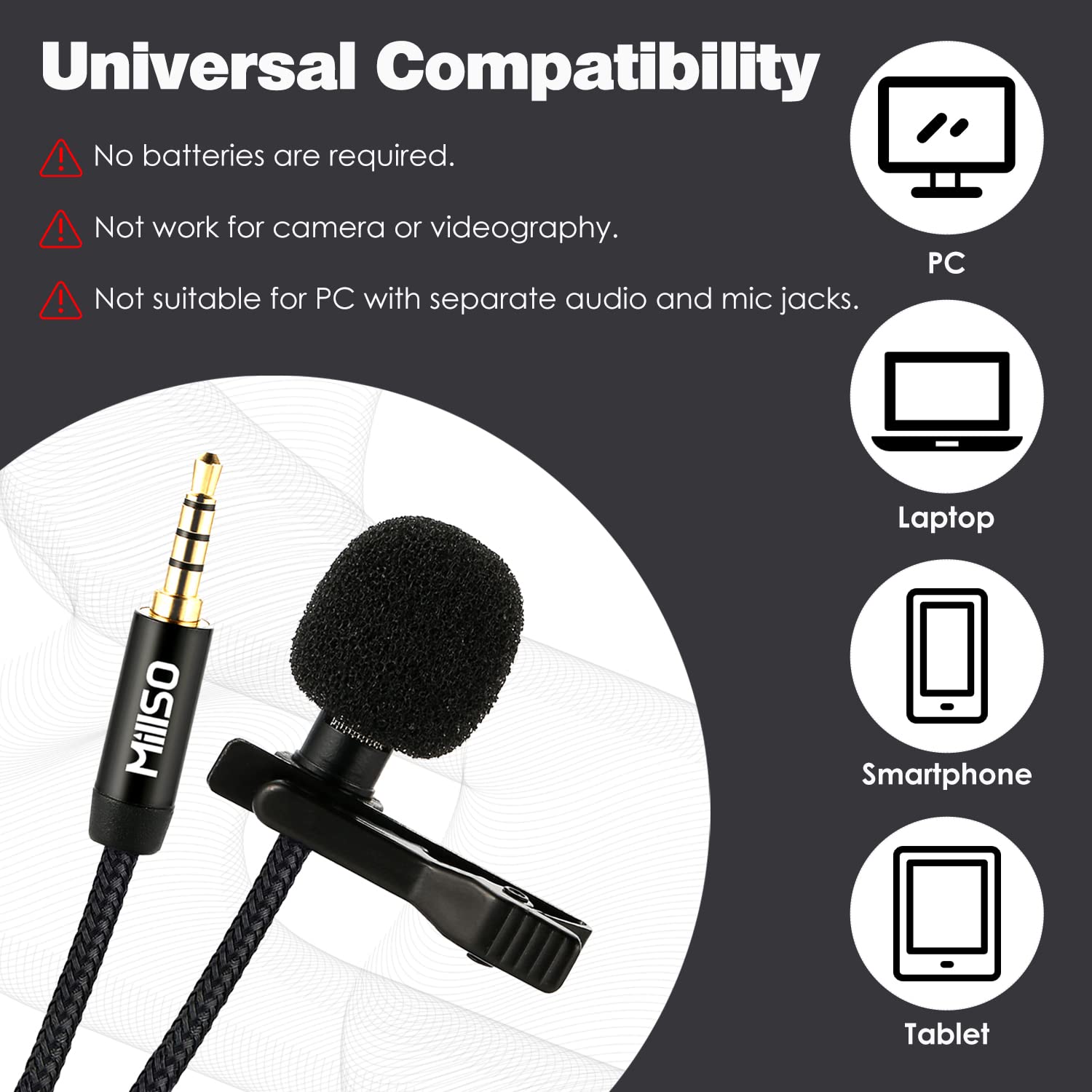 MillSO Lavalier Clip-on Microphone W11 Omnidirectional 3.5mm TRRS Mini Wired Lapel Microphone for PC, Smartphone, YouTube, Interview, Teaching, Recording - 4ft/1.2m