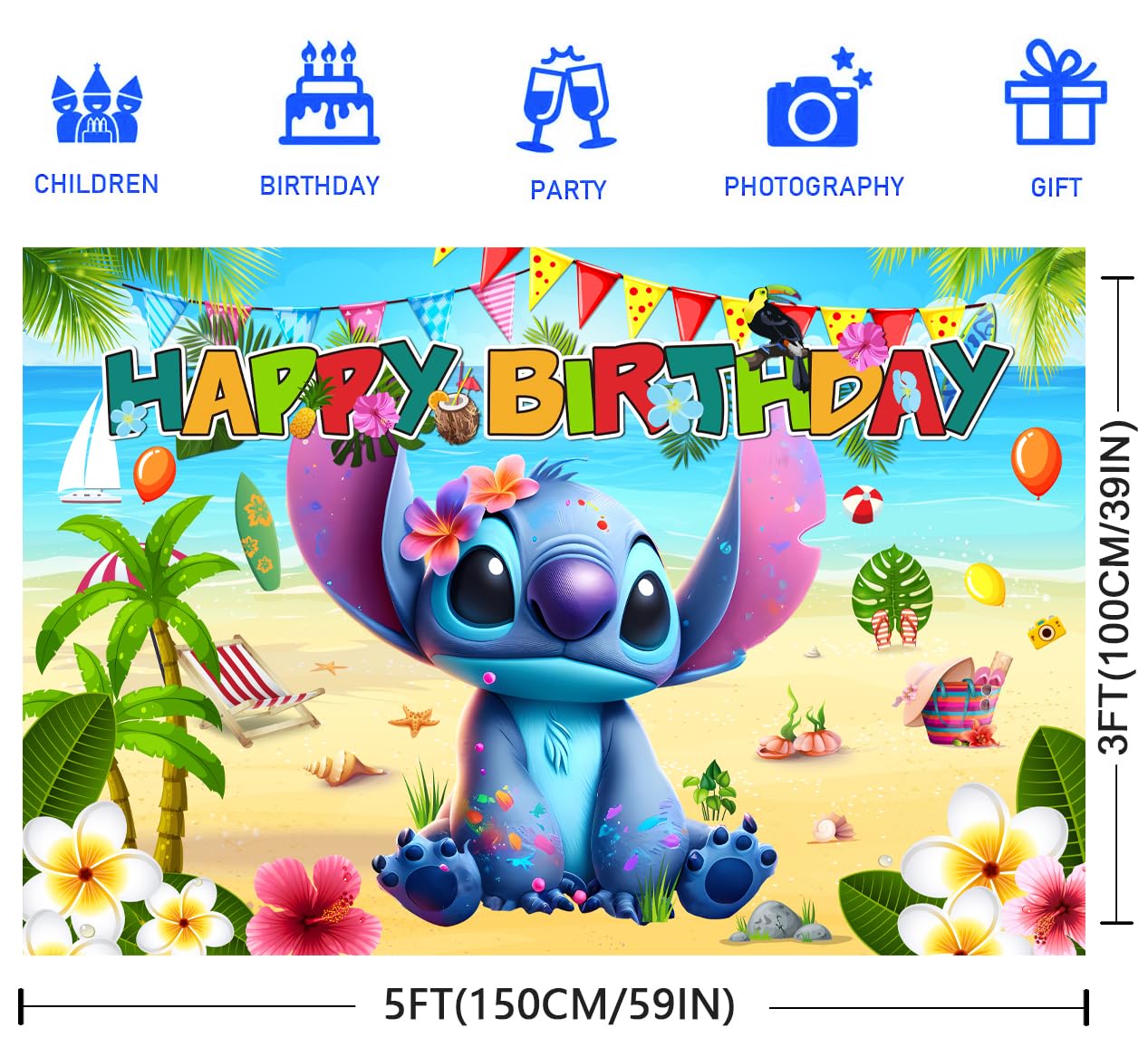 Titenmaoyi Birthday Party Decorations, 5x3ft Happy Birthday Backdrop Hawaiian Banner Background for Tropical Beach Birthday Party Decorations