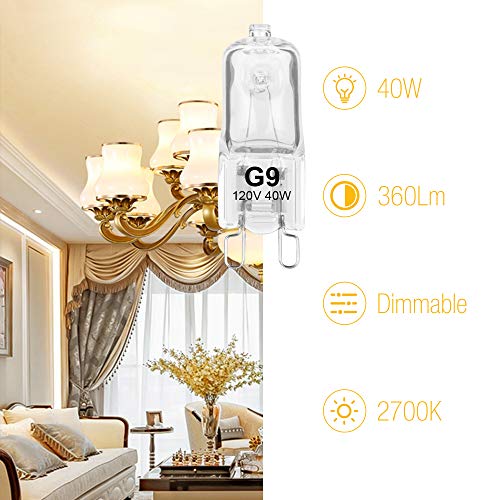 haraqi 12 Pack 120 Volt 40 Watt G9 Bi-Pin Halogen Bulbs,Replacement T4 JCD Type Dimmable Bulbs for Ceiling Lights,Table Light,Cabinet Lights,Warm White Brightness