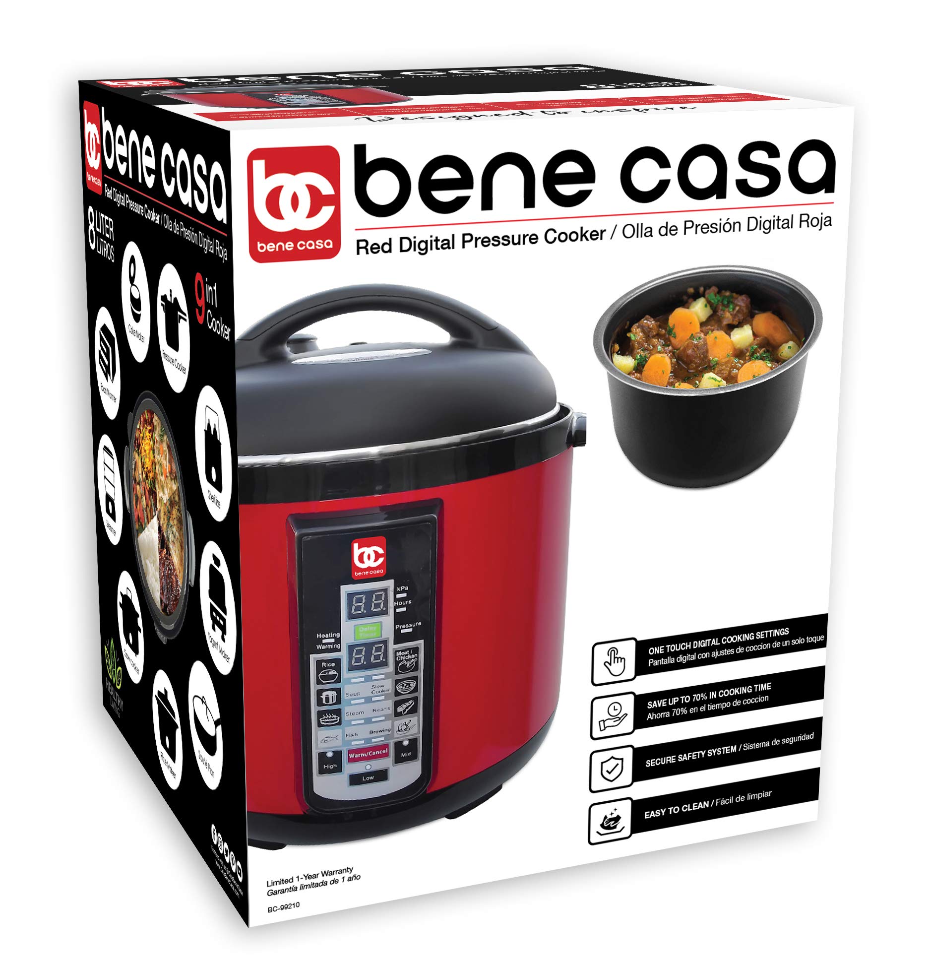 MBR INDUSTRIES Bene Casa 900W 8L Electric Pressure Cooker Red,easy to use digital controls,multi-function pressure cooker,built in automatic cooking programs