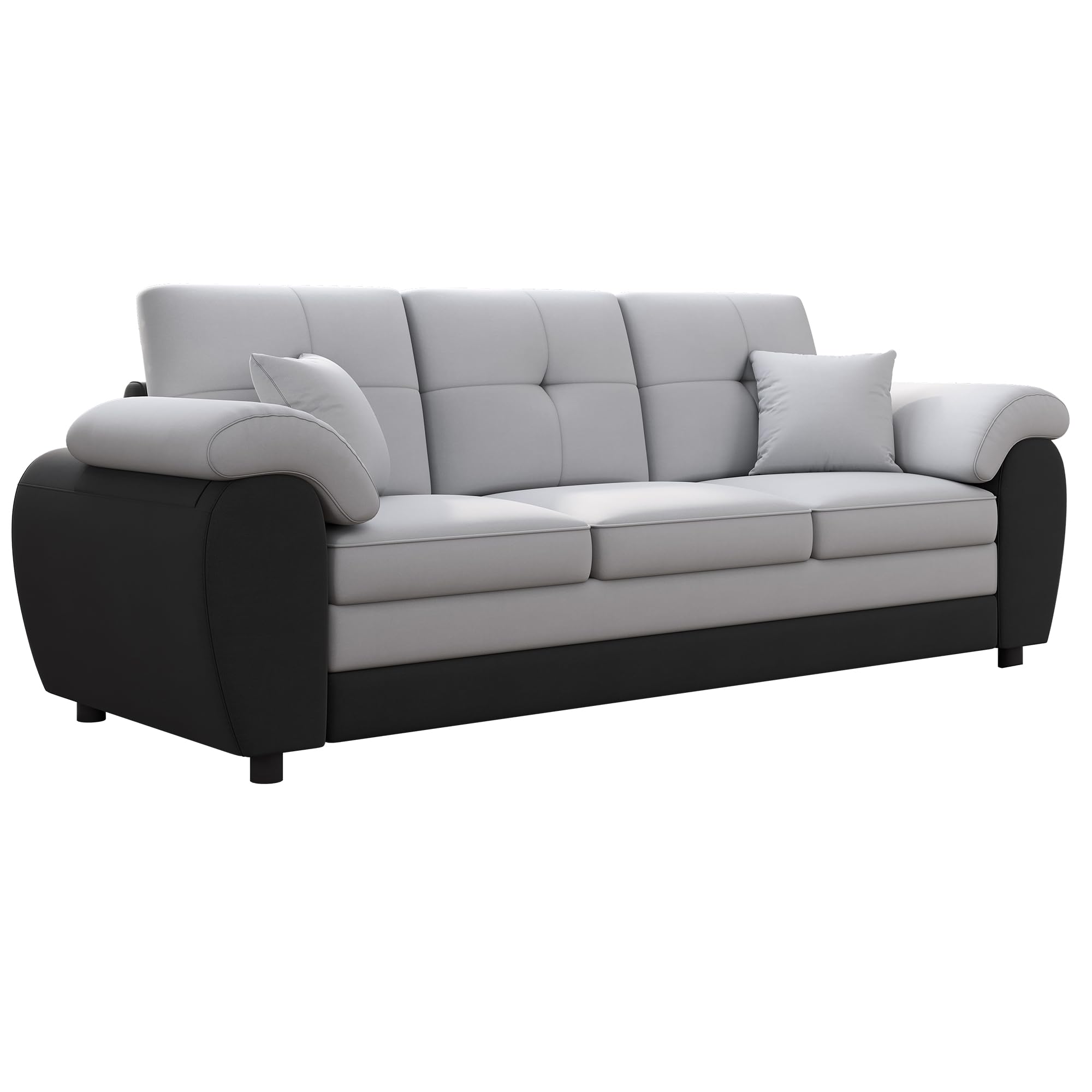 PHOYAL 3 Seater Sofa, 81.8β Modern Futon Sofa Bed Mid-Century Sofa with Two Pillows Velvet Upholstered Sofa, PU Armrest and Base for Living Room, Bedroom, Apartment, Grey