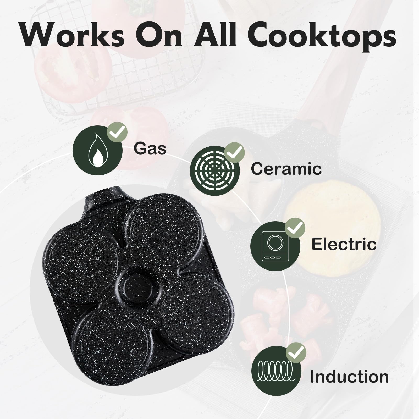 SNOWCLAD Egg Pan, 4-Cup Nonstick Granite Omelette Skillet,Non Stick Pancake Frying Pan for Breakfast,Suitable for Gas Stove & Induction Cookware - Black
