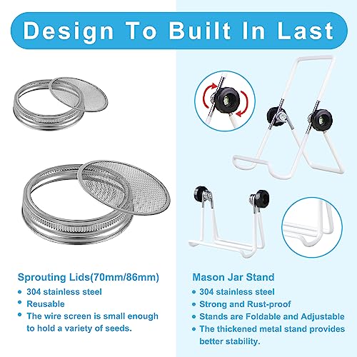 Sprouting Kit, 2 Stainless Steel Sprouting Lids for Regular and Wide Mouth Mason Jars, Sprouts Growing Kit with Timer, 2 Tray, Sprouting Jar Stand for Bean Sprout, Alfalfa, Broccoli (Not Include Jar)