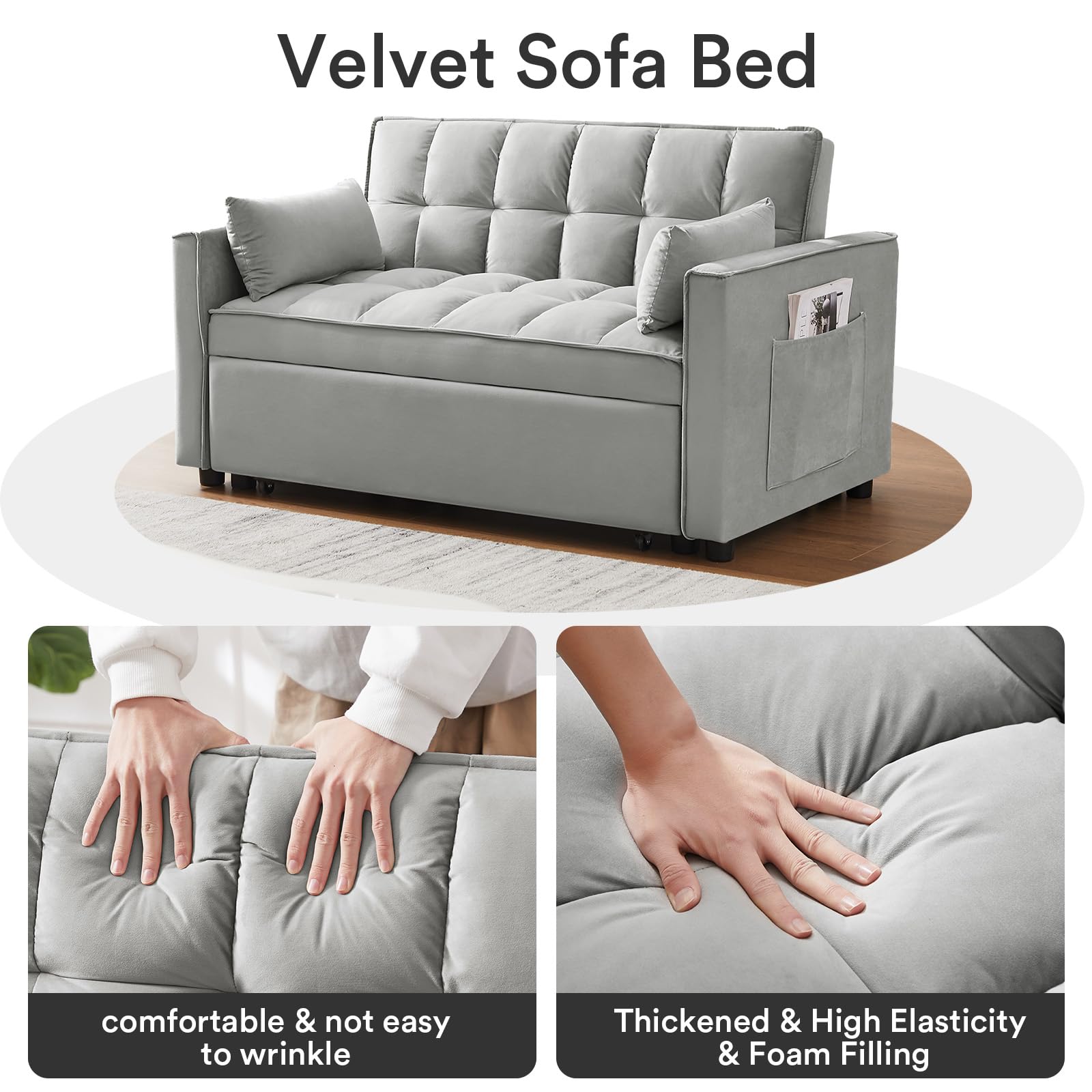 Rovibek Sofa Bed 3 in 1 Sleeper Sofa Couch Bed Pull Out Futon Sofa Bed Convertible Sleeper Sofa Bed Love Seat with 2 Pillows & Side Storage Pockets for Living Room Apartment Small Space
