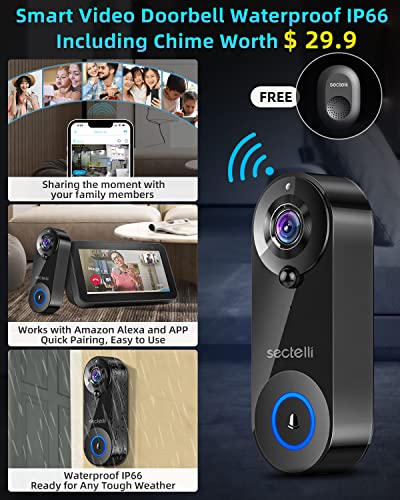 sectelli 2023 Enhanced Doorbell Camera Wireless, Support WiFi at 5GHz Mixed with 2.4GHz, Support Link to Alexa Speaker, 1080P Video, 2-Way Audio,Battery Powered,Smart Video Doorbell