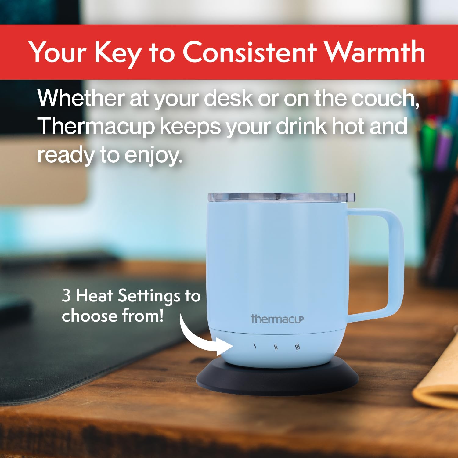 Thermacup Self-Heating Temperature Controlled Coffee Mug with Lid, Led Electric Smart Cup, 3 Custom Heat Settings, Auto/Off Feature, Keeps Liquids Warm, Sip Smarter (Sunset Pink – 10 oz)