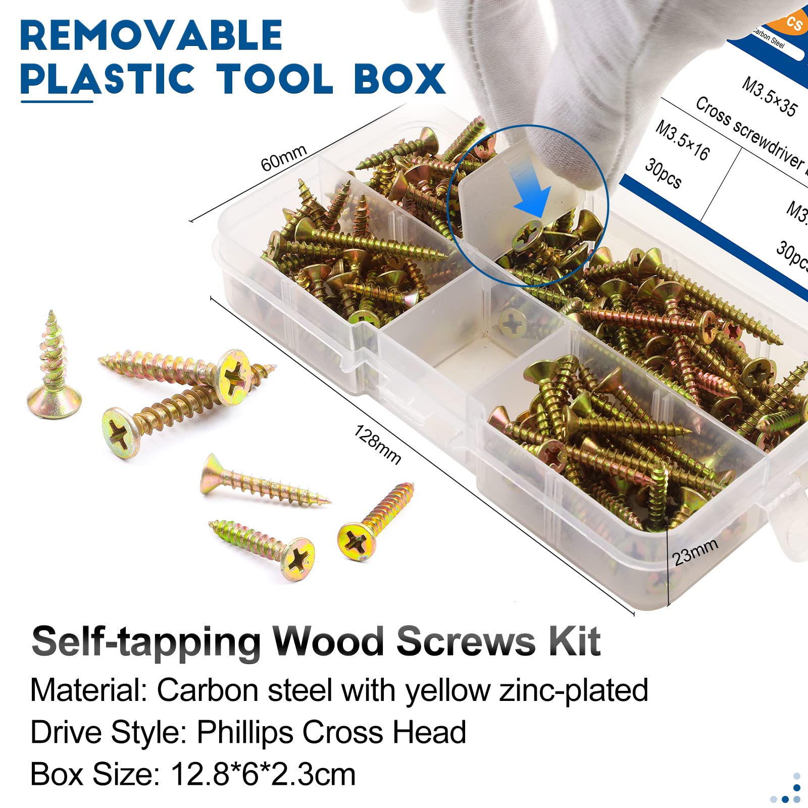 NINDEJIN Flat Head Wood Screws Assortment Kit, Phillips Drive Self Tapping Screws, M3.5 Small Wood Screws, Finish with Yellow Zinc Plated, 151 pcs Self-Tapping Screws Set with 1pcs Phillips Screw Bit