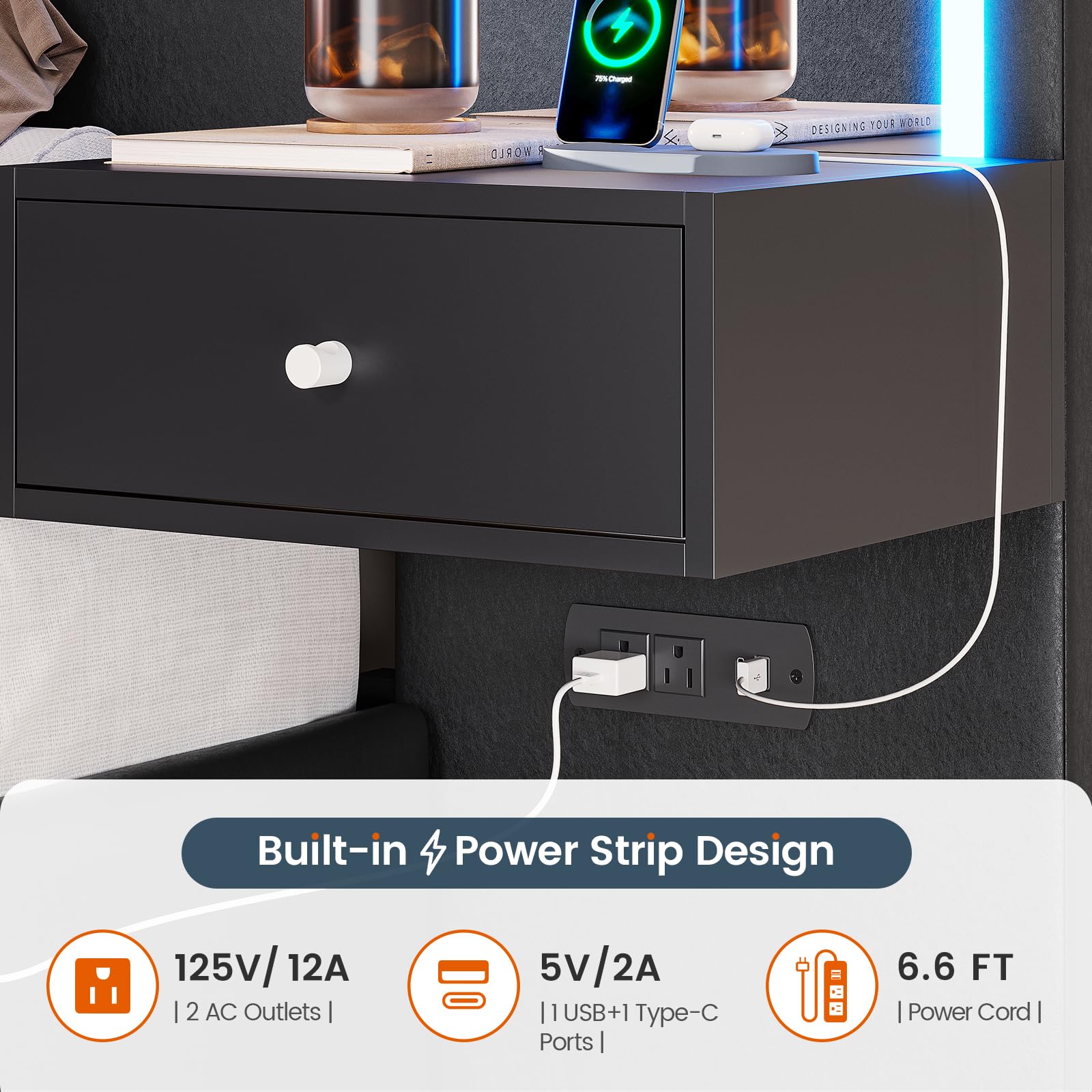 SEDETA Queen Size 53” Tall Platform Bed Frame with 4 Storage Drawers, PU Leather Upholstered Queen Bed Frame with Deep Button Tufted Headboard and Footboard, Built in Charging Station & LED, Black