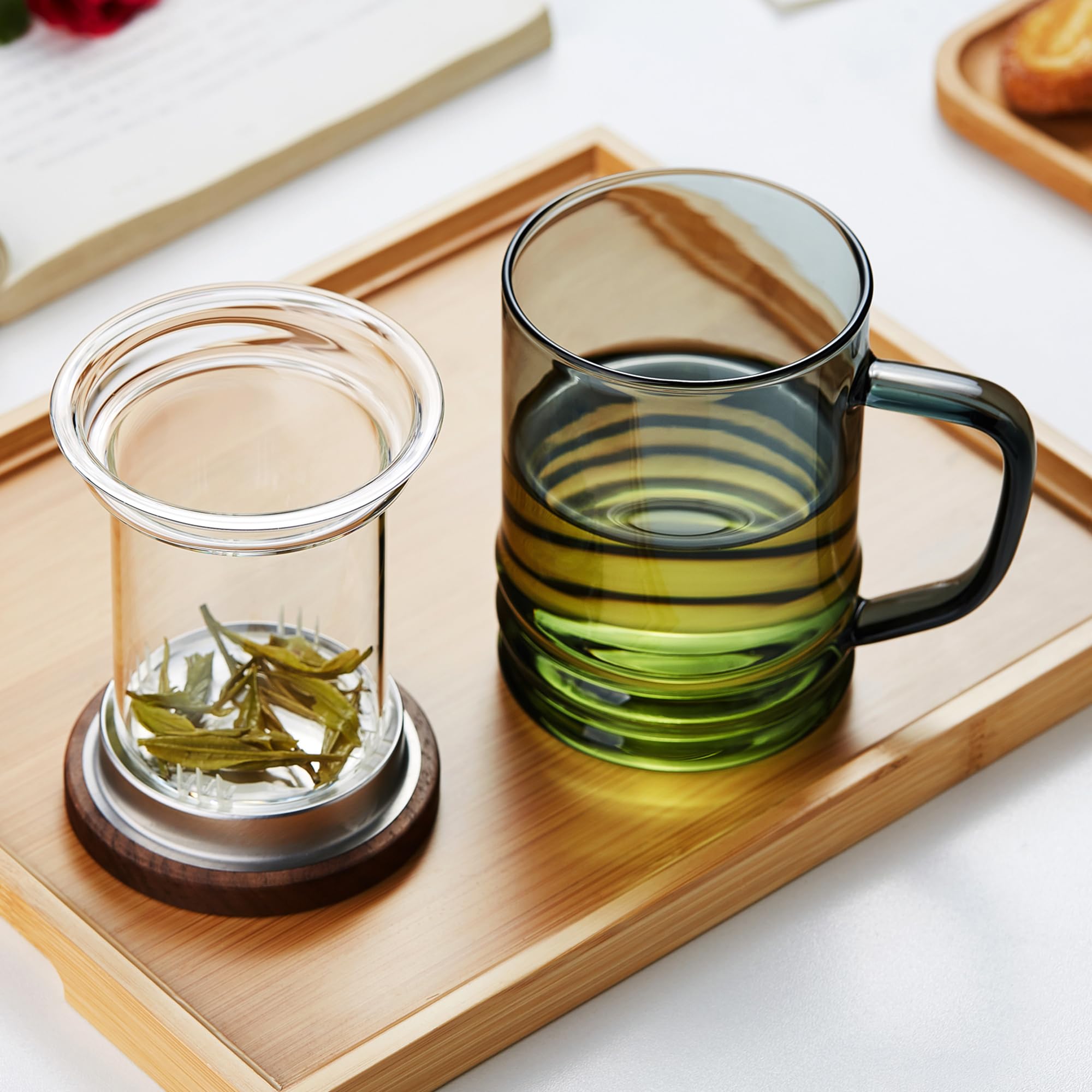 Unbreakable Glass Tea Cup with Infuser and Lid - 15oz Tea Mug for Loose Leaf Tea, Infusion Mug with Glass Filter and Wooden Lid