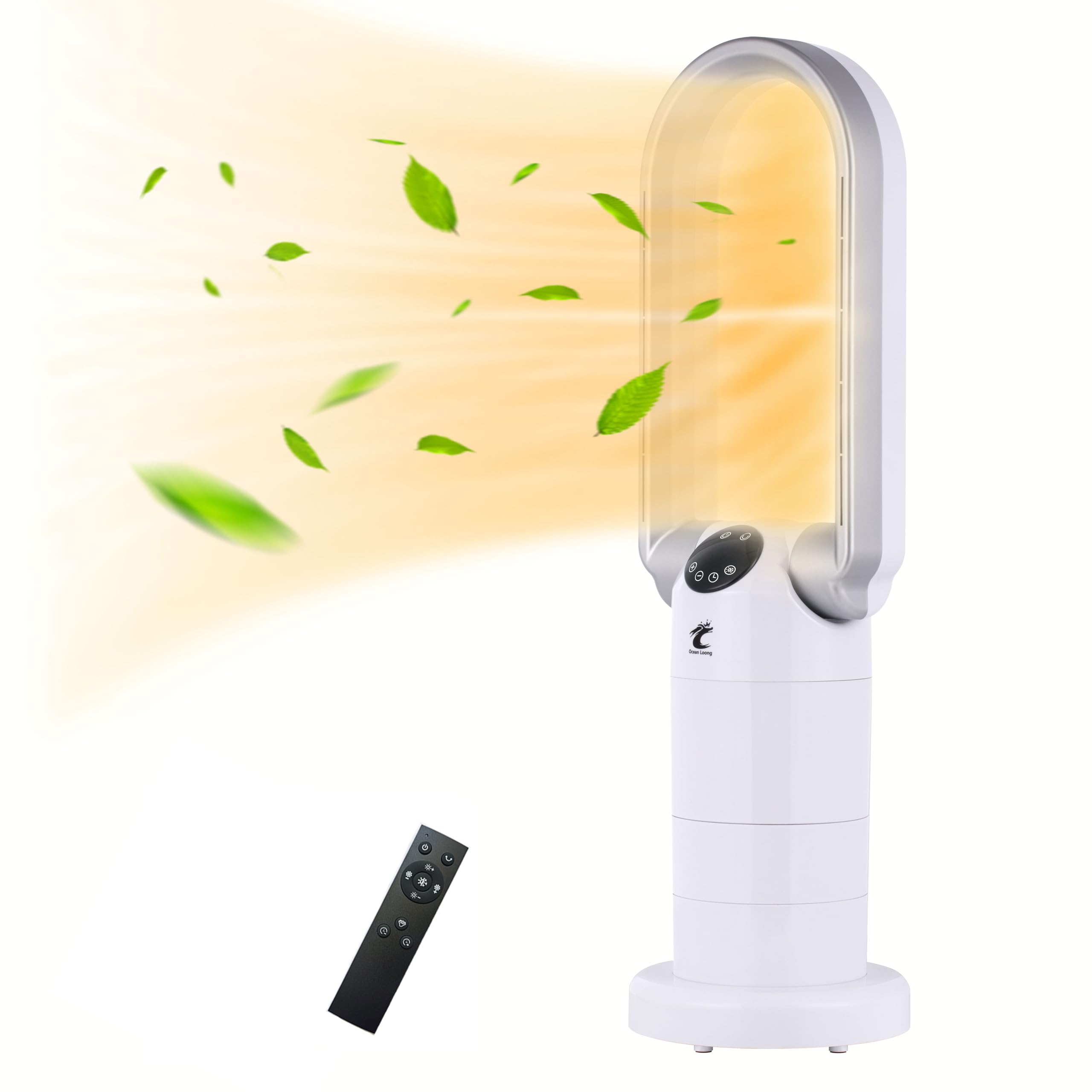 Ocean Loong 1500W Space Heater & Bladeless Tower Fan for Bedroom Home Office, Eco Ceramic Heater with Adjustable Thermostat, 120°Oscillating & Tilt Head, Remote, Timer, Table Fan AB01H (White)