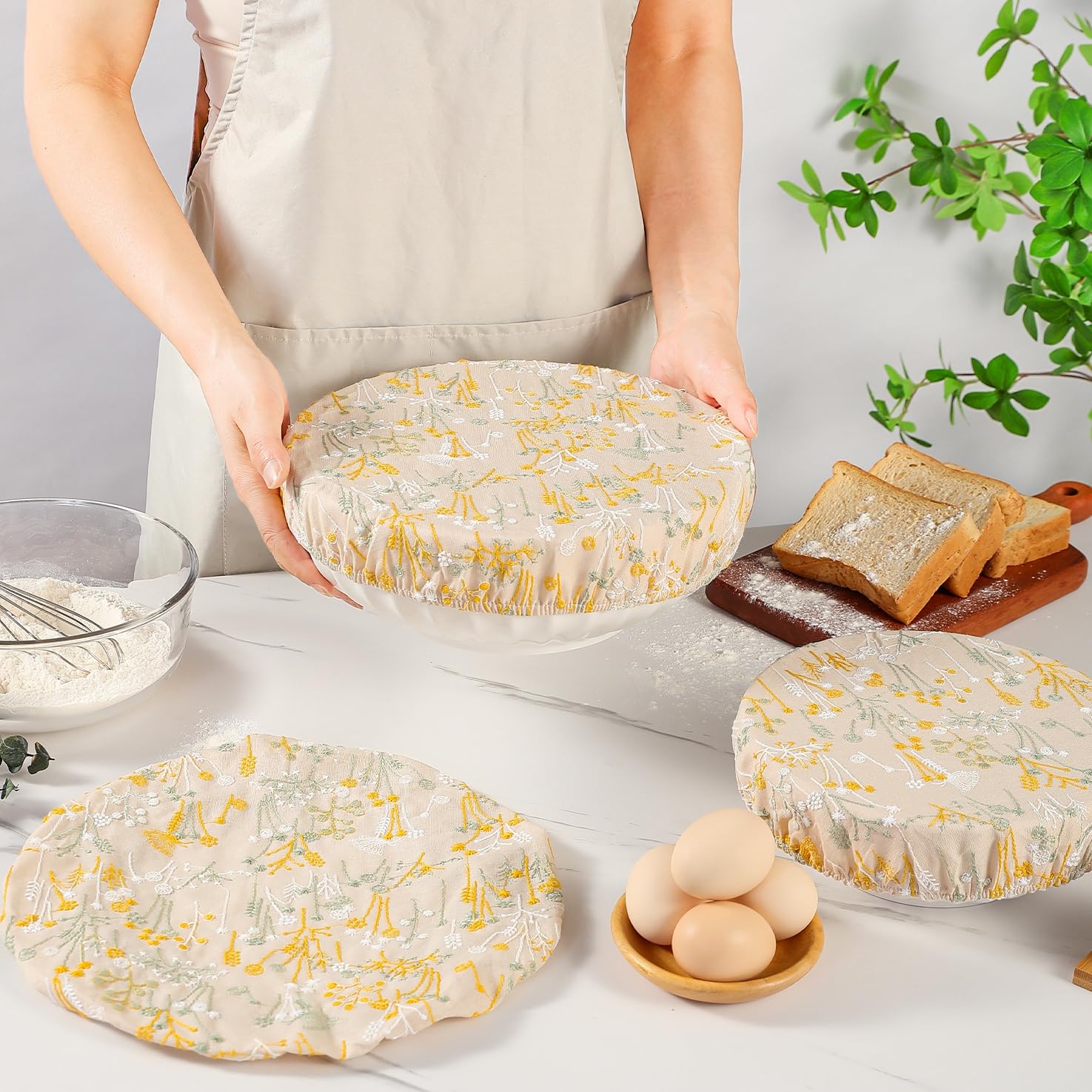 Slyitokbhr Reusable Bowl Covers for Bread Proofing Baking Embroidered Dandelion Linen Cotton Cloth Fabric Washable with Elastic Cover for Food Fruit Salad Eco-friendly (Beige Dandelion)