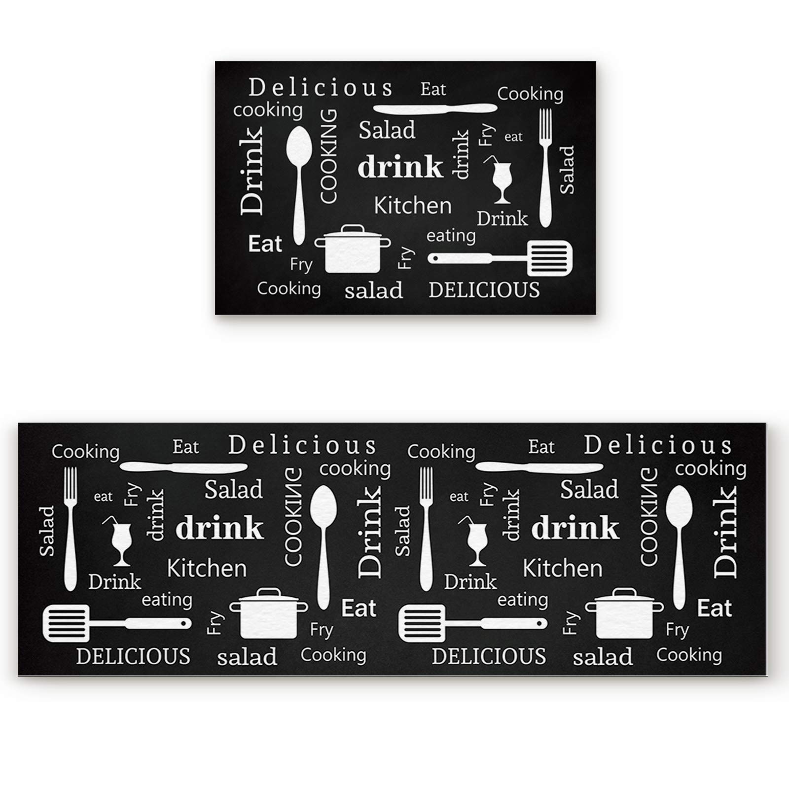 LooPoP Kitchen Rugs and Mats Sets of 2 Knife and Fork Non-Slip Rubber Backing Area Rugs Washable Runner Carpets for Floor, Kitchen Kitchen Utensils Text on Black Background 15.7x23.6+15.7x47.2inch