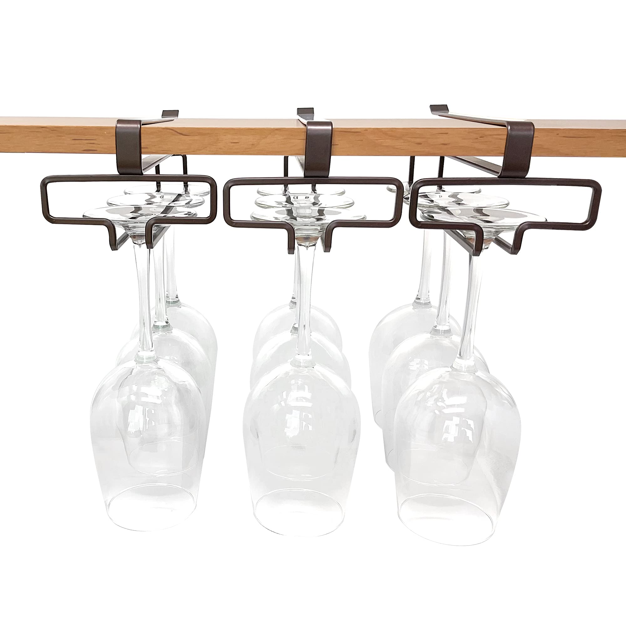 KOMONG Bronze Wine Glass Holder under Shelf, Hanging Wine Glass Rack under Cabinet, No Screw Stemware Rack Hanger, No drilling Wine Glass Storage Organizer, Set of 3