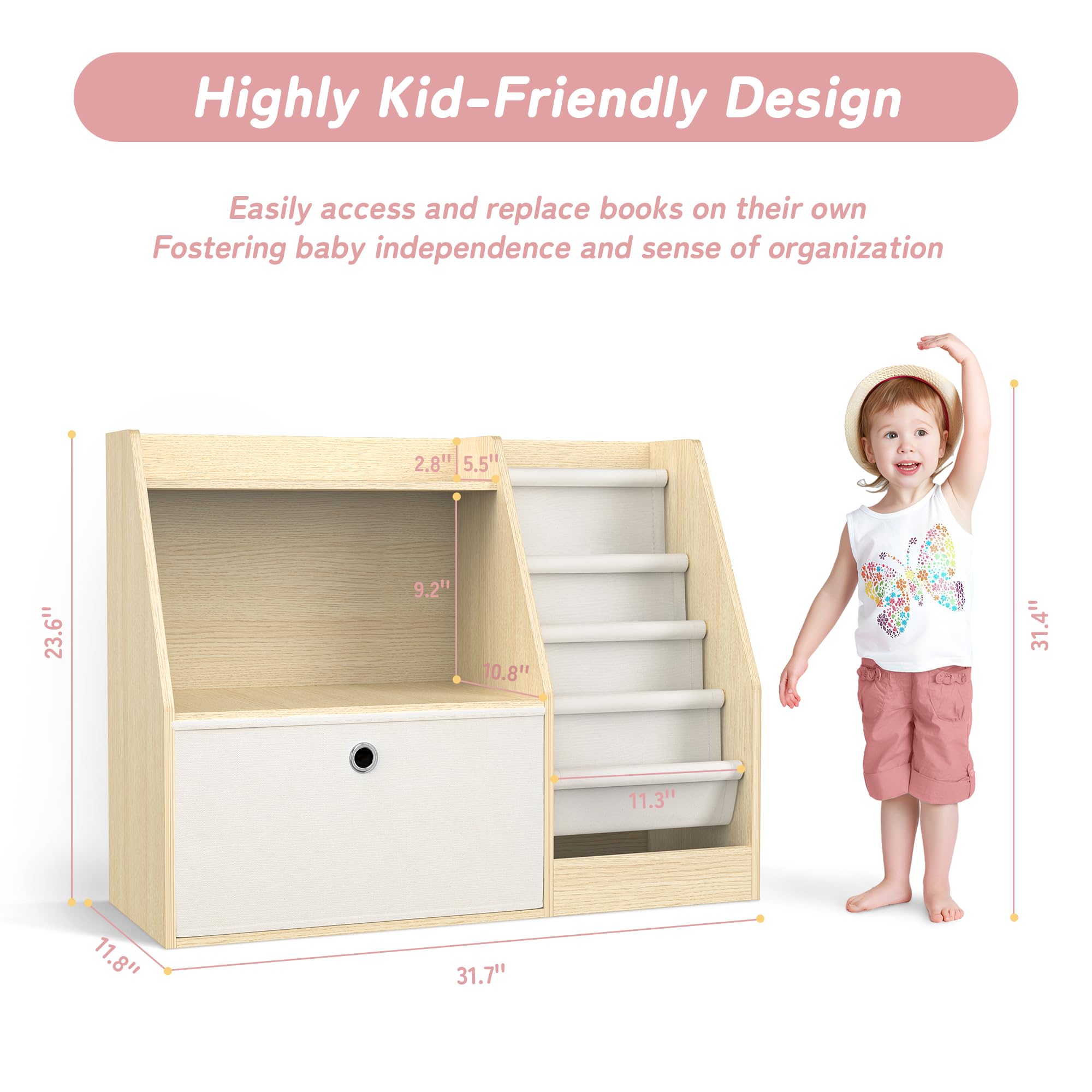 TOETOL Kids Bookshelf & Book Storage,4 Sling Wooden Toddler Book Shelf,2-Tier Wooden Open Bookcase & Storage Organizer Boxes for Nursery, Playroom, Bedroom