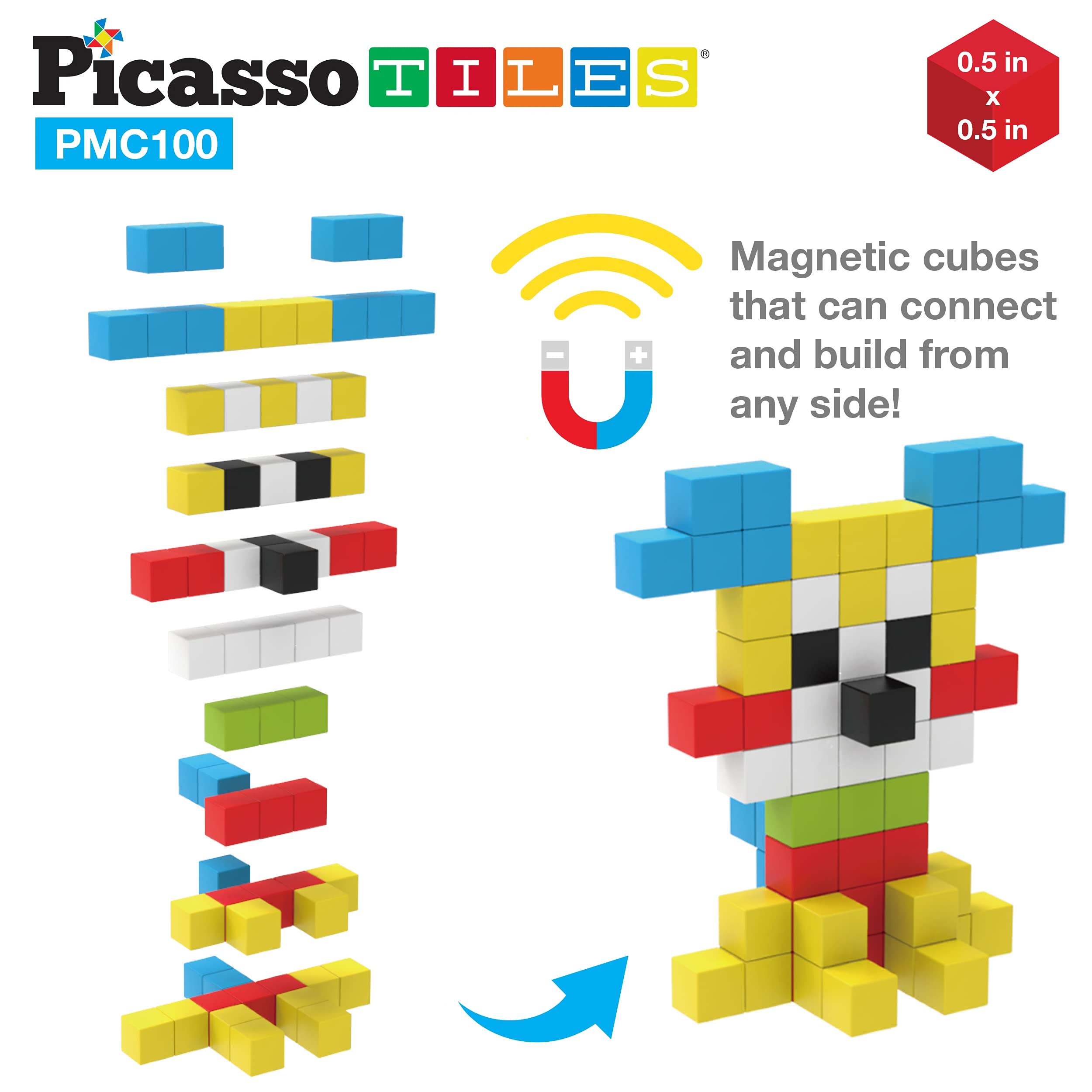 PicassoTiles Magnetic Puzzle Cube Characters + Mini + Black and White, 9pc with 18 Unique Characters Mix & Match Cubes Sensory Toys, 0.5” Pixel 100pcs, 1” 101pcs, Free Ideabook with 53 Ideas Age 3+