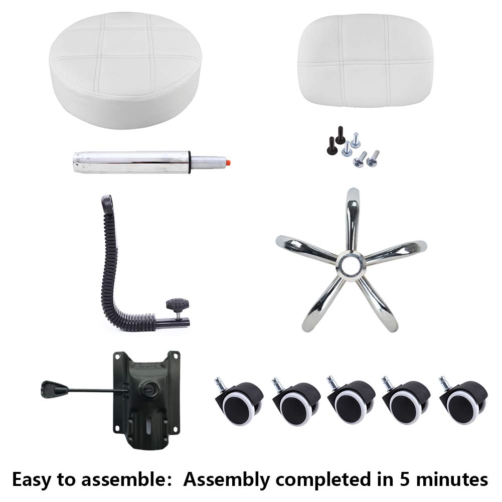 KKTONER Round Rolling Stool with Back PU Leather Height Adjustable Swivel Drafting Work SPA Salon Stools Chair with Wheels White