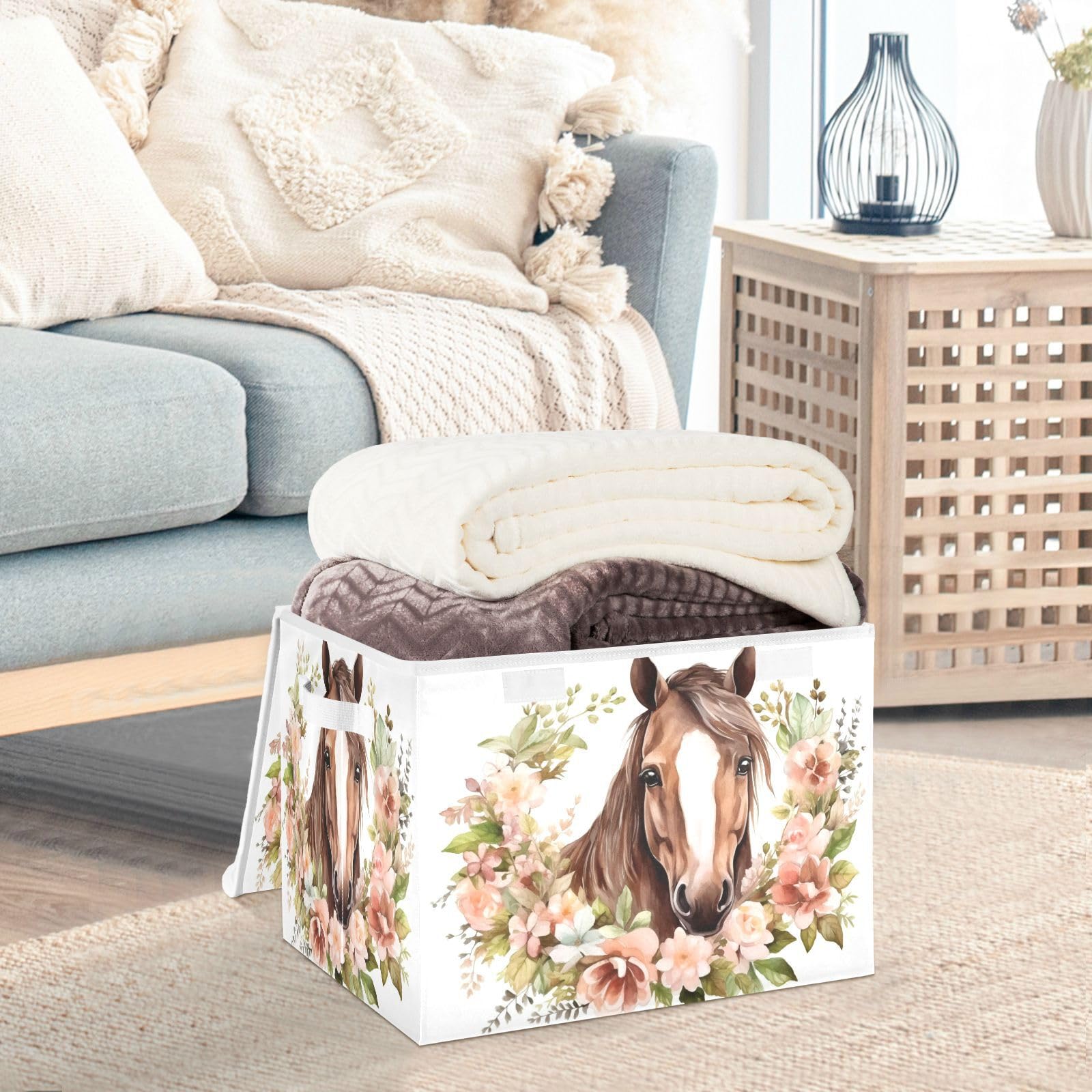 senya Baskets Collapsible Storage Bins with Lids, Horse Head Flower Leaves Storage Boxes Clothes Baskets for Organizing, B06D22020