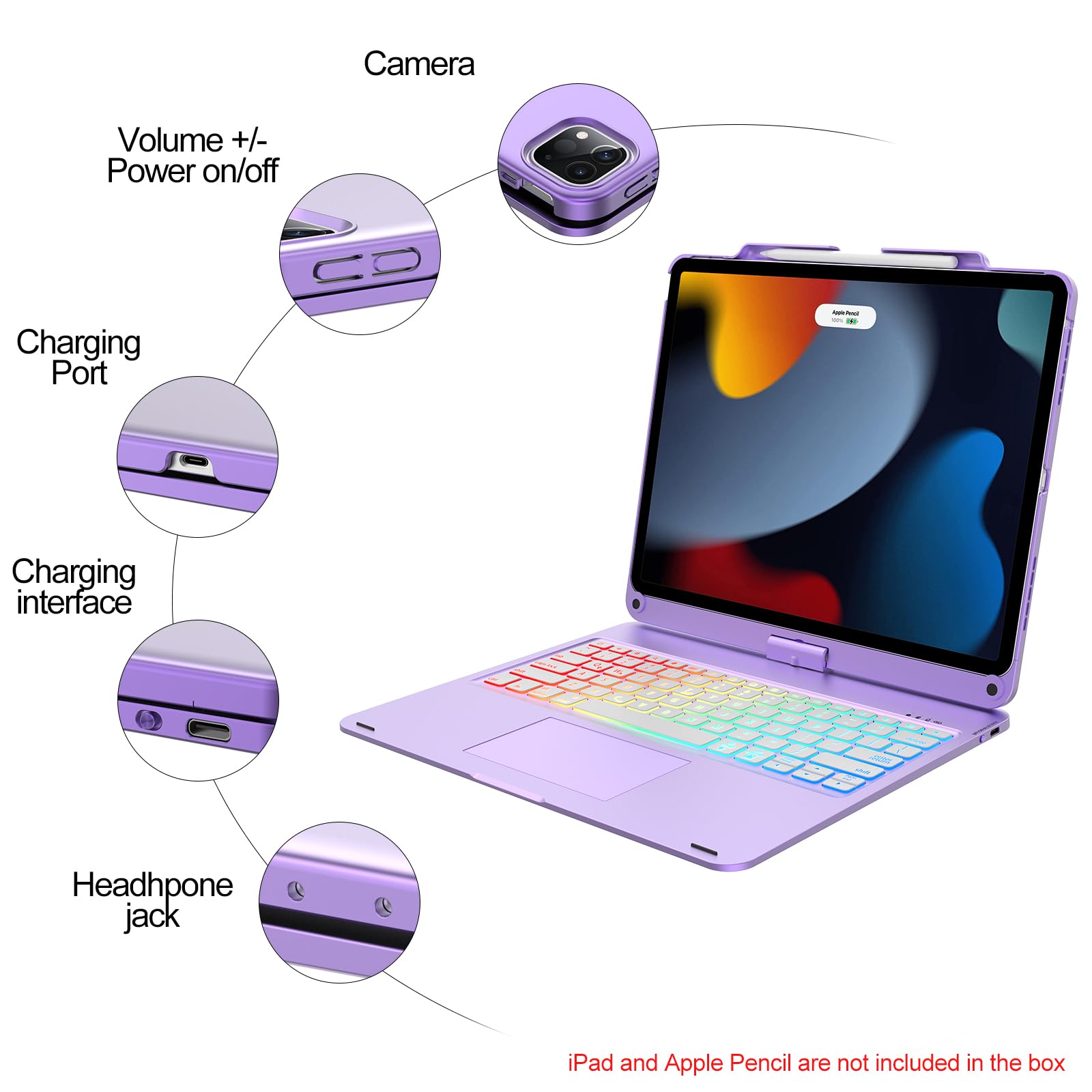 SENGBIRCH Touch Keyboard Case for iPad Pro 12.9-inch (3rd, 4th, 5th, 6th Generation) - 7 Colors RGB Backlit, 360° Swivel Hard Shell with Pencil Holder, Purple