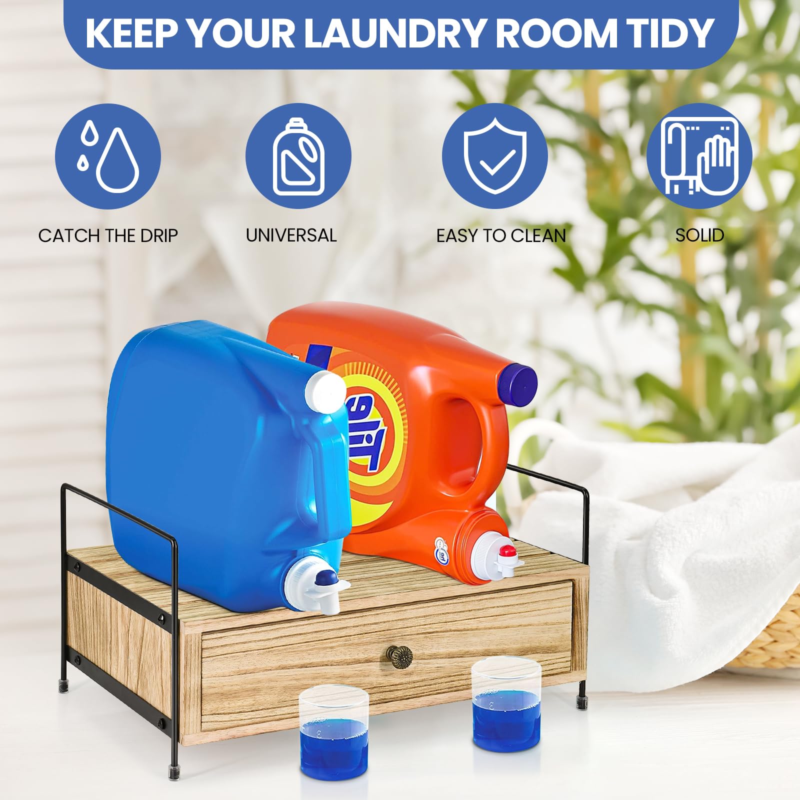 Wooden Detergent Holder for Laundry Room Organizer, Shelf Organizer for Liquid Laundry Detergent, Laundry Detergent Holder with Drawer for Dry Sheets, Dry Balls, Pods, Clips, Laundry Room Decor