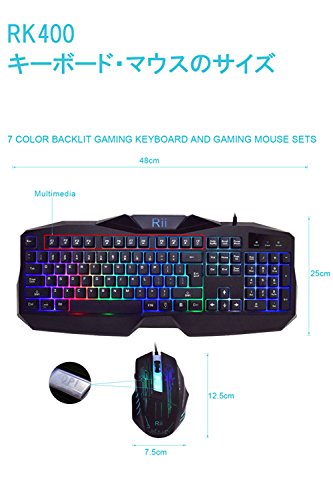 Rii Gaming Keyboard and Mouse Combo,LED Rainbow Backlit USB Wired Computer Keyboard 104 Key,Spill-Resistant Design,Ergonomic Wrist Rest Keyboard Mouse Set for Windows PC Gamer. Black