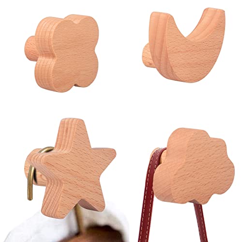 Wood Wall Hooks, 4 Pack Creative Coat Hooks Wall Mounted Rustic Wooden Hooks Heavy Duty Robe Hook Hat Rack Hooks for Hanging Bathroom Towels Clothes Hanger