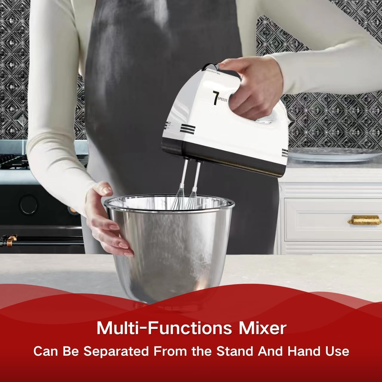 Stand Mixers, 7 Speeds With 3QT Stainless Steel Bowl, Stand and Hand Mixer with Dough Hook, Whisk, Mixing Beater for Baking, Cake, Cookie, Kneading (QD1)