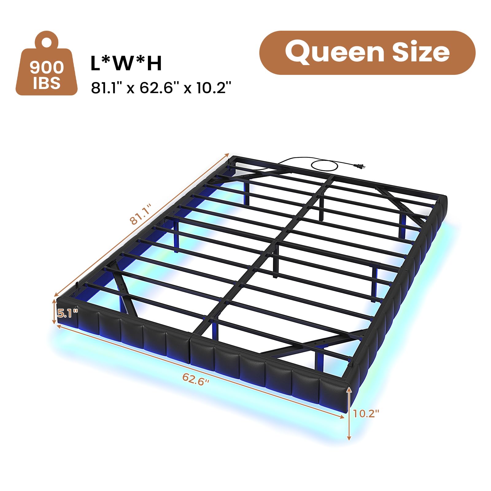 Upholstered Queen Bed Frame with 4 Storage Drawer,Charging Station,Headboard with Hidden storage space,3-Tier Shelves,RGB Led Light,Metal Slat Support, No Box Spring Needed,Noise-Free,Rustic Brown