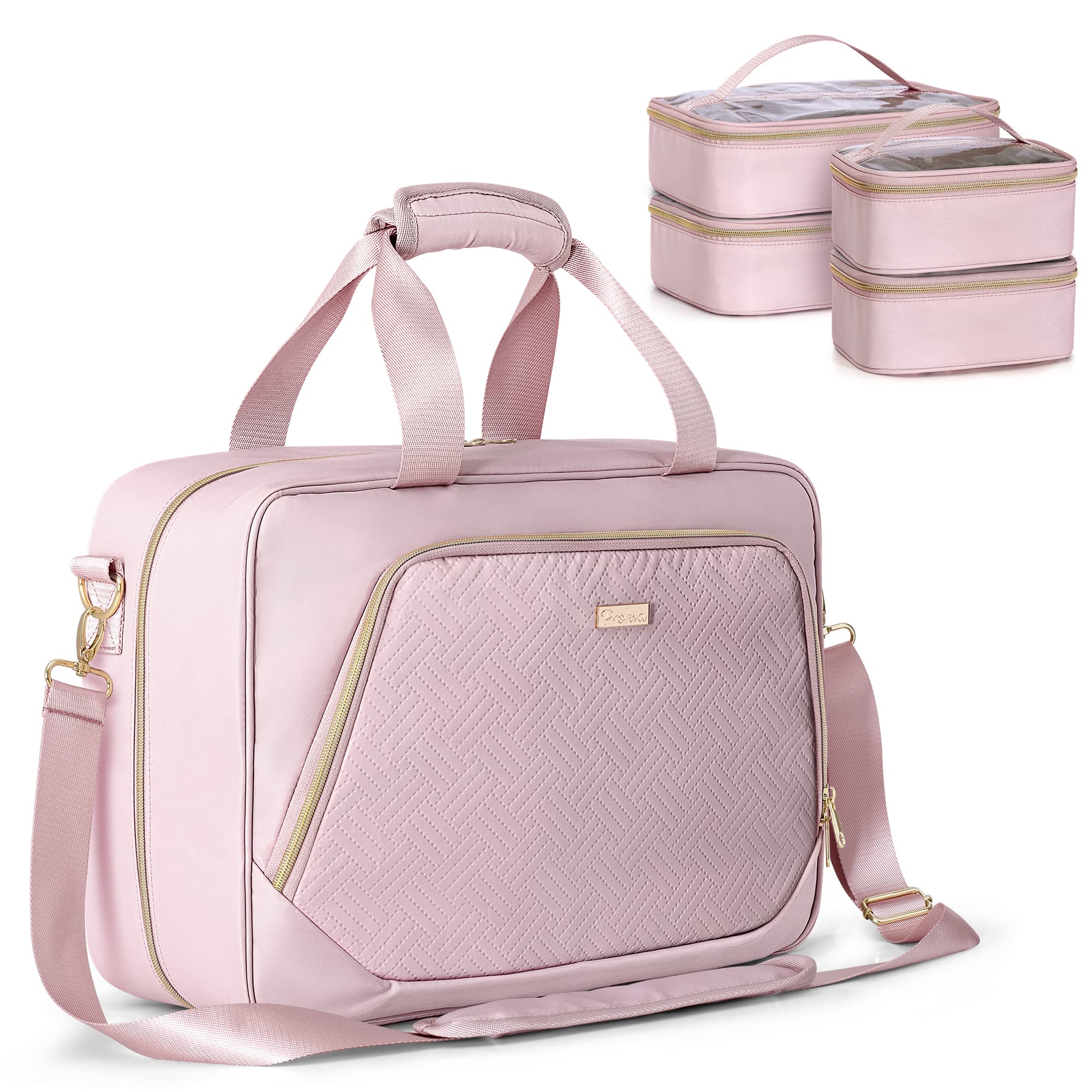 Prokva Professional Makeup Artist Travel Case with 4 Detachable Cosmetic Bags, Large Make up Organizer Bag with Makeup Kit Storage Section and Hair Tools Pocket, Pink (Empty Bag Only)
