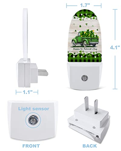 St. Patrick's Day Night Light, LED Plug in Night Light, Green Buffalo Plaid Truck Lucky Clover Gold on Wood Night Lights with Dusk to Dawn Sensor Decorative Kids/Adults Nightlight for Bedroom Bathroom