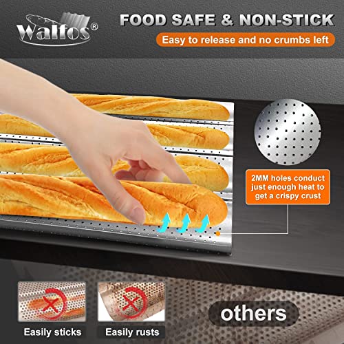 WALFOS 2PCS French Baguette Bread Pan ,with Professional Proofing Cloth, 15"X 13" Non-stick french bread pan, 4 Wave Loaves Loaf baguette pan for baking Toast Perforated Bakers Molding