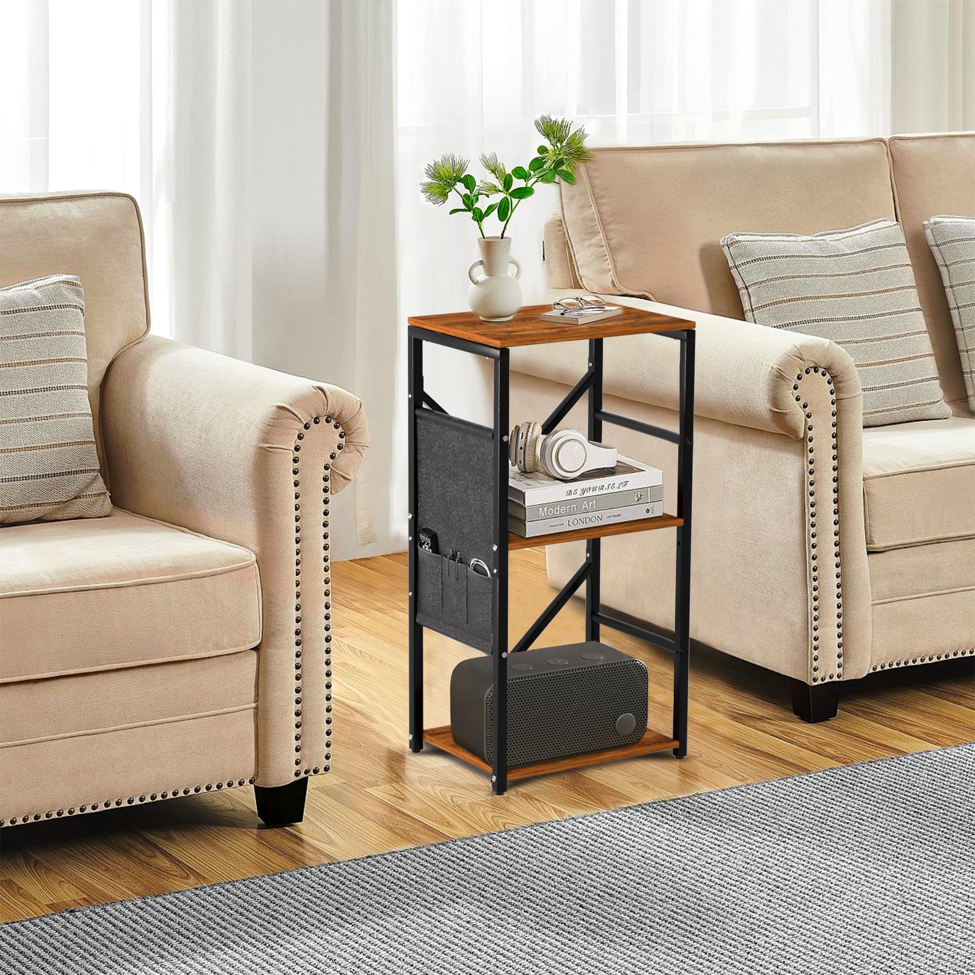 Small Side Table Narrow End Table, Nightstand Tall Side Tables for Small Spaces, 3 Tier Storage Shelves Couch End Tables for Living Room, Bedroom Office Bathroom, Easy Assembly Rustic Brown and Black
