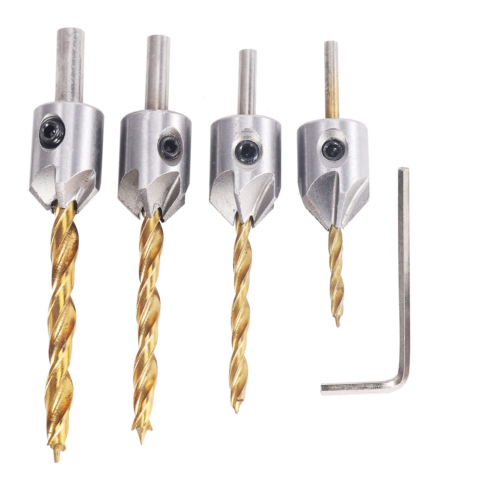 Pteanecay Titanium Coated Countersink Drill Bit Set Woodworking Carpentry Reamer Tool Set with Hex Key Wrench,4 PCS