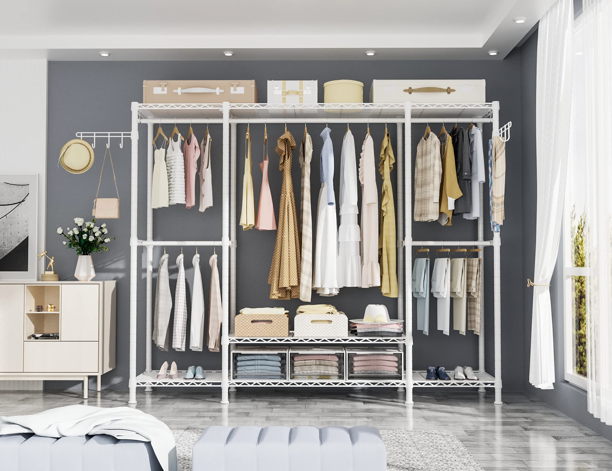 Ulif E3 Heavy Duty Garment Rack, 4 Tiers Freestanding Closet Organizer System with 5 Shelves, Metal Closet Organizer and Storage System for Clothes, Max Load 650lbs, 57.1"W x 14.5"D x 77.3"H, White