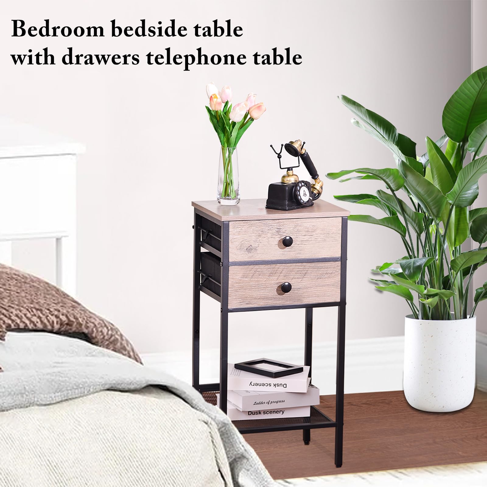 YSVCO Tall Nightstand, Bedside Table with 2 Fabric Drawers, 26.3" Tall End Table for Small Spaces, Industrial Telephone Table, Small Side Table Stand for Bedroom Black EB70BS