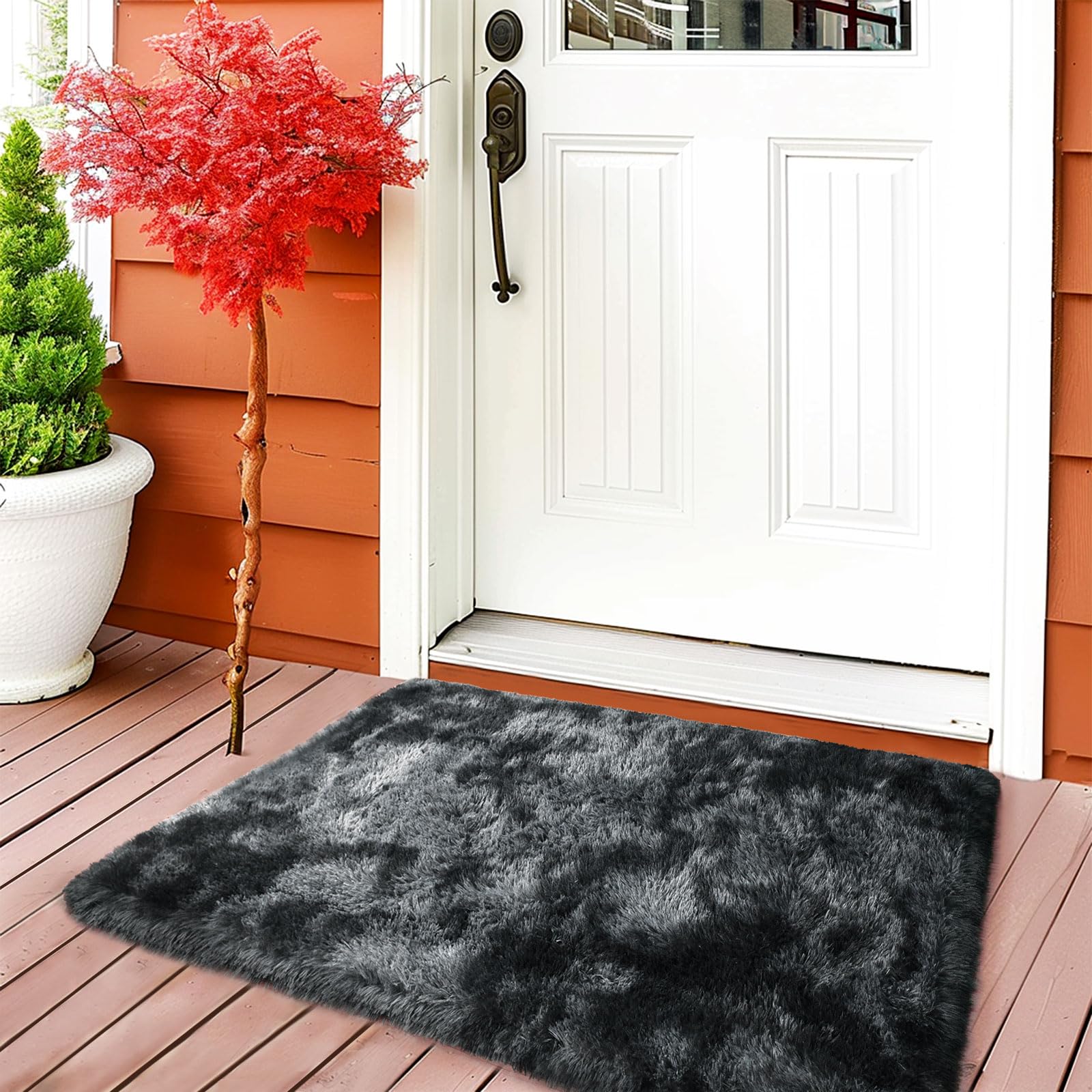 Shaggy Soft Fluffy Rug Non-Slip Indoor Floor Carpet for Living Room Anti-Skid Indoor Carpet Tie-Dyed Black Grey 2x3 Feet