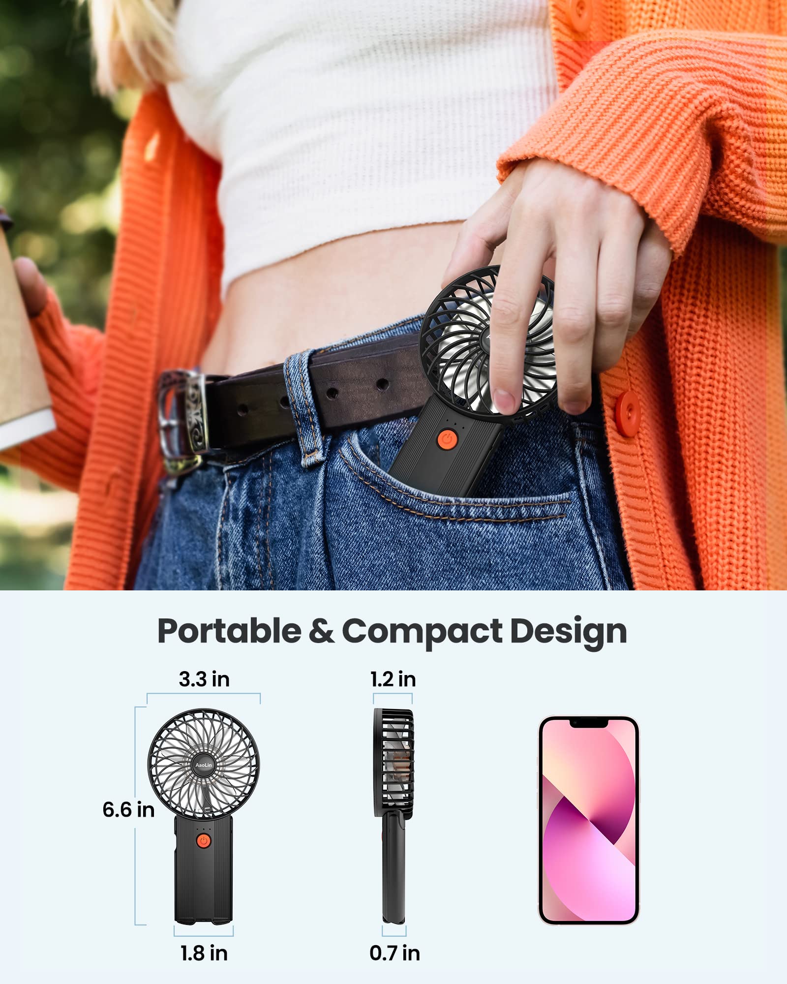 Mini Handheld Portable Foldable Small Fan USB Rechargeable Personal Fan Neckable Desktop 4-speed 3-in-1 Mute Handheld Small Fan 6-15 Hours Continuity Suitable for Summer Travel Camping Outdoor Kids