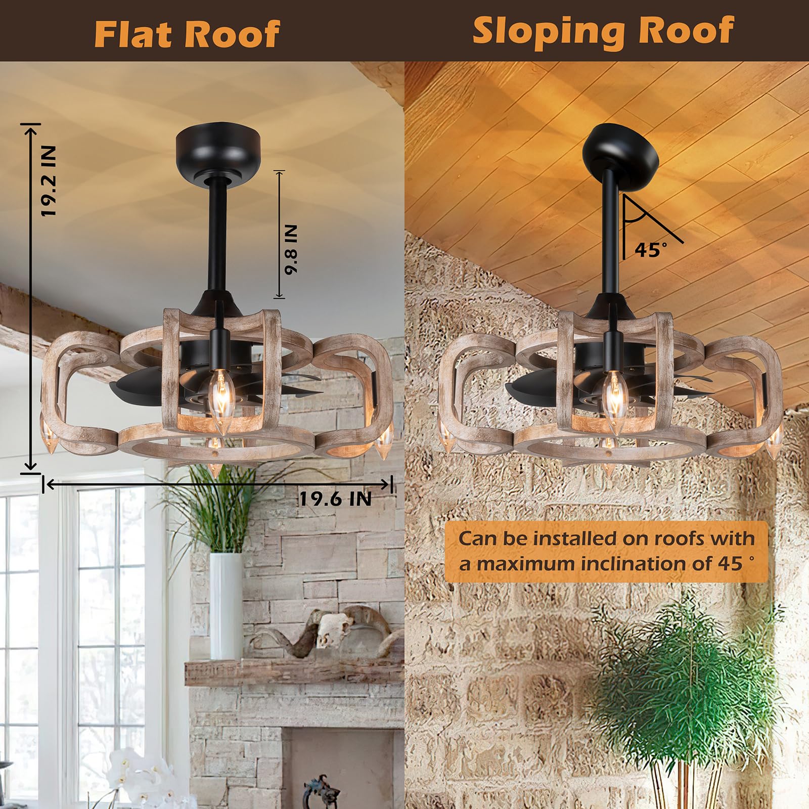 GQR Flush Mount Ceiling Fan with Light, Farmhouse Wood Ceiling Fan with Remote, Caged Fandelier Ceiling Fan Light, Low Profile Ceiling Fan for Bedroom Kitchen, Vintage Solid Redwood Grain