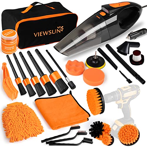 Viewsun 21PCS Car Cleaning Kit, Car Interior Detailing Kit with High Power Handheld Vacuum, Auto Detailing Drill Brush Set, Cleaning Gel, Complete Car Wash Kit Supplies for Deep Cleaning