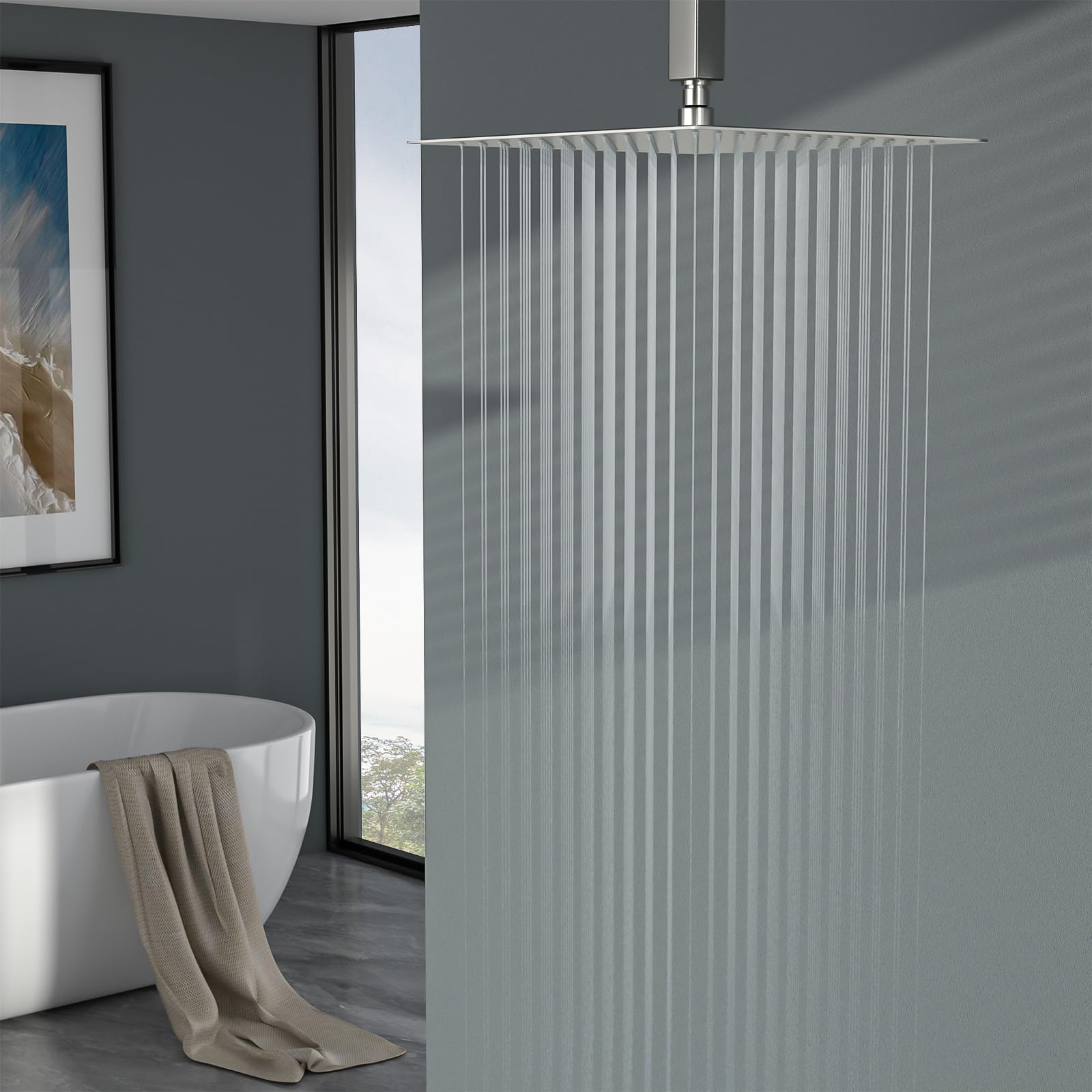 Lordear Rain Shower Head 12 Inch Solid Ultra Thin 304 Stainless Steel Adjustable Square Rainfall Shower Head Full Body Coverage with Silicone Nozzle 12β Waterfall Showerhead,Brushed Nickel