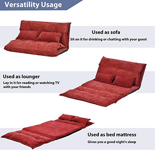 SYING88 Lazy Floor Sofa Adjustable Folding Futon Sofa Video Gaming Sofa with Two Pillows,Sleeper Bed Couch for Adults,for Bedroom Living Room Reading Gaming Small Spaces Apartment (Red)