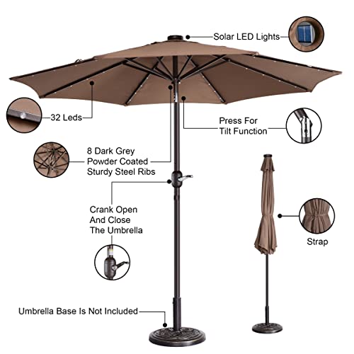 VILLACERA 83-OUT5421B, Beige Lighted Patio Shade β 9 Ft Outdoor Umbrella with 19lbs Weighted Base, Solar Powered LED, and Push Button Tilt β Backyard Canopy (Brown)