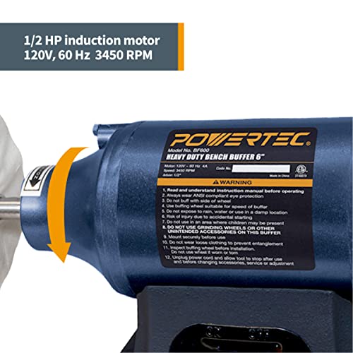 POWERTEC BF600 Bench Buffer Polisher, 6 Inch Buffing & Polishing Machine for Metal, Jewelry, Knives, Wood, Jade and Plastic