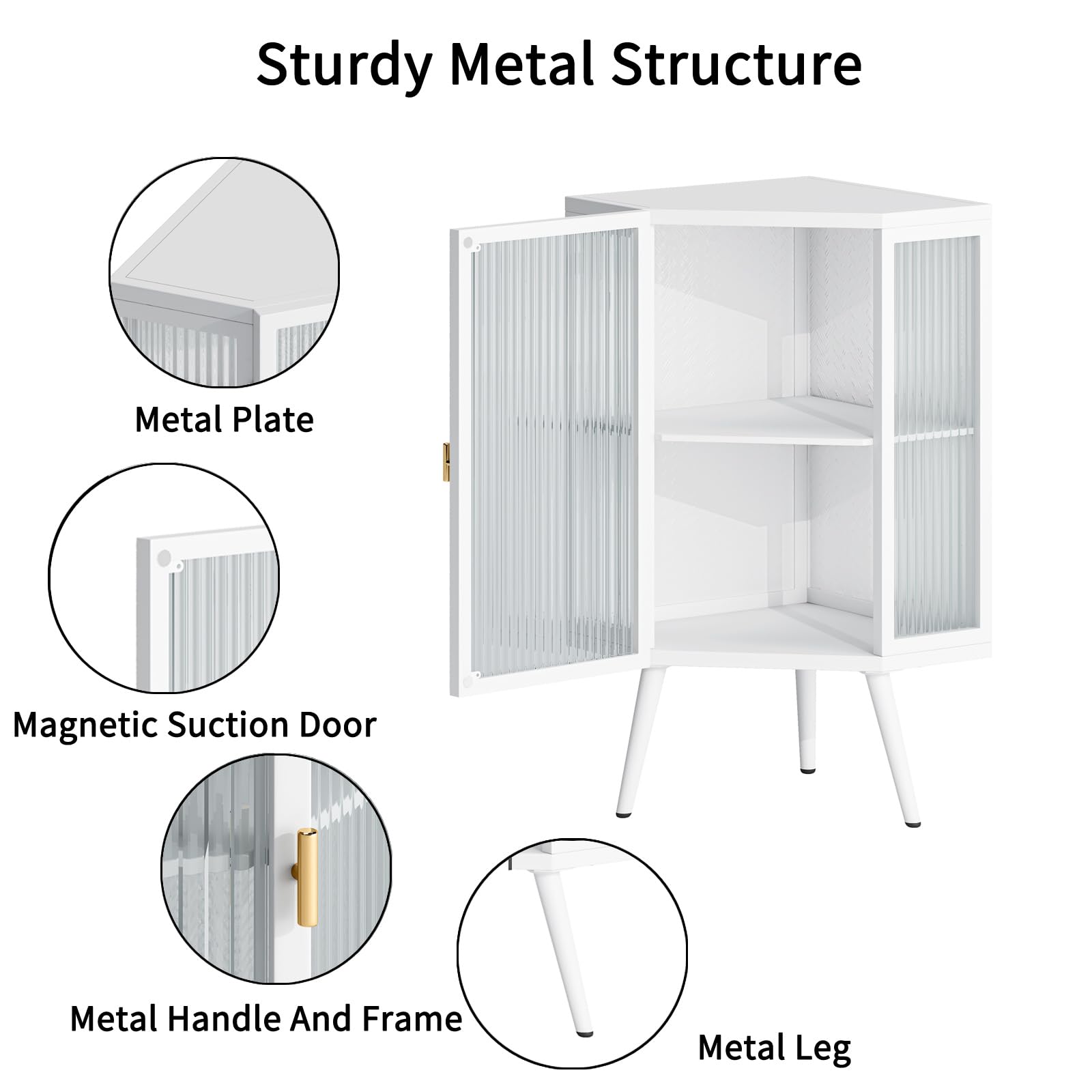QMIT Corner Cabinet Table with Glass Doors, Small Metal Corner Storage Table ,Corner Hutch Cabinet for Bathroom, Living Room, Bedroom Kitchen (White—2 Tier)