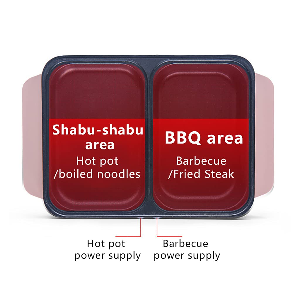 Mini Electric Grill and Hot Pot, 2 in 1 Portable Electric Hot Pot Barbecue Grill Non-Stick Teppanyaki Pan 110V Multifunction Nonstick Griddle & Hot Pot for Steak, Shabu, BBQ - Pink (Pink)