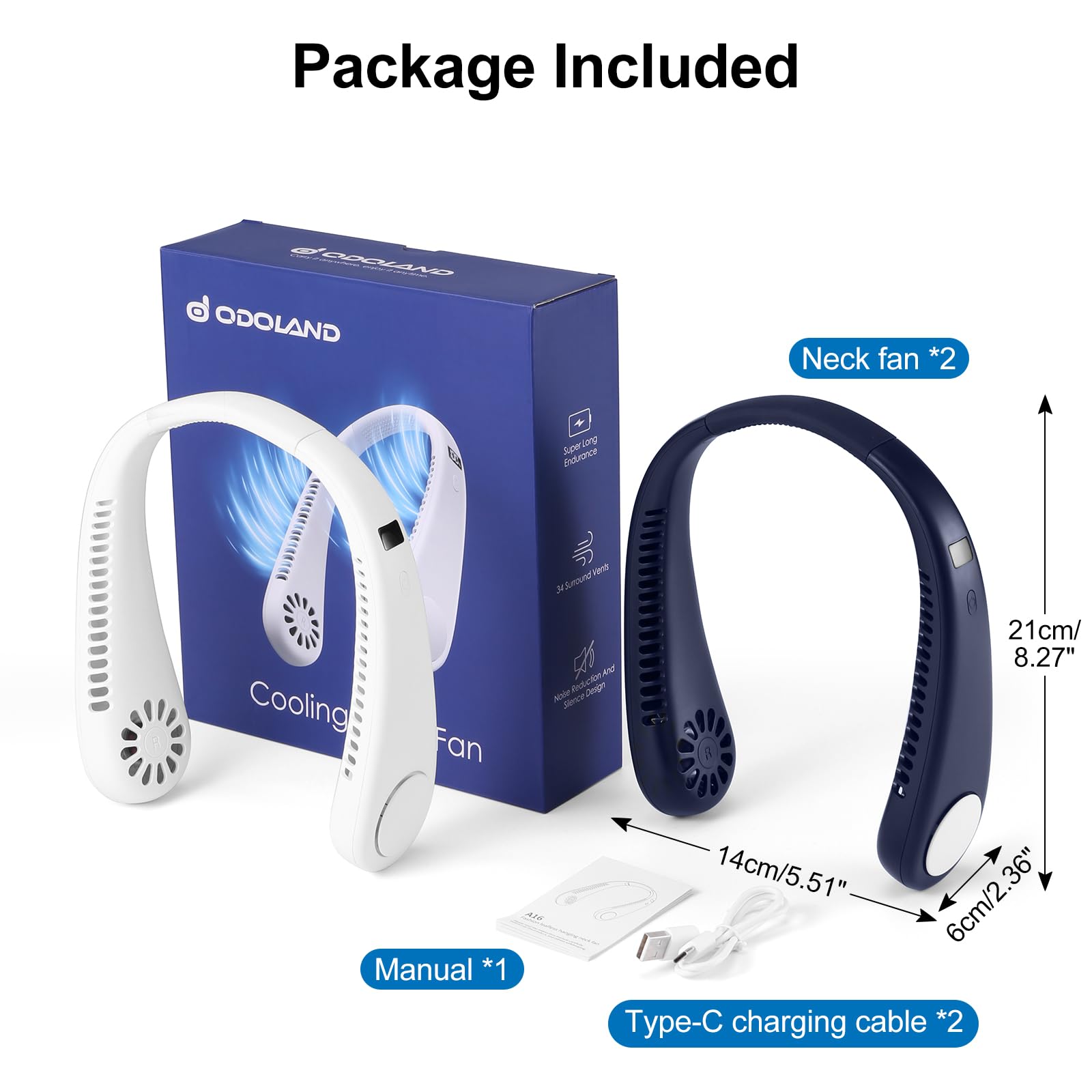 Odoland Portable Neck Fan with LED Display, 3600mAh Rechargeable Hands Free Bladeless Mini Fan, 4 Speed Adjustment Strong Wind Portable Fan for Traveling Office Camping, 2 Pack, White&Blue