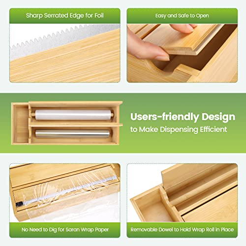Soligt 2 in 1 Foil and Plastic Wrap Organizer | Aluminum Foil Dispenser with Serrated Edge | Plastic Wrap Dispenser with Cutter | Bamboo Kitchen Drawer Organizer Fit Parchment, Wax Paper