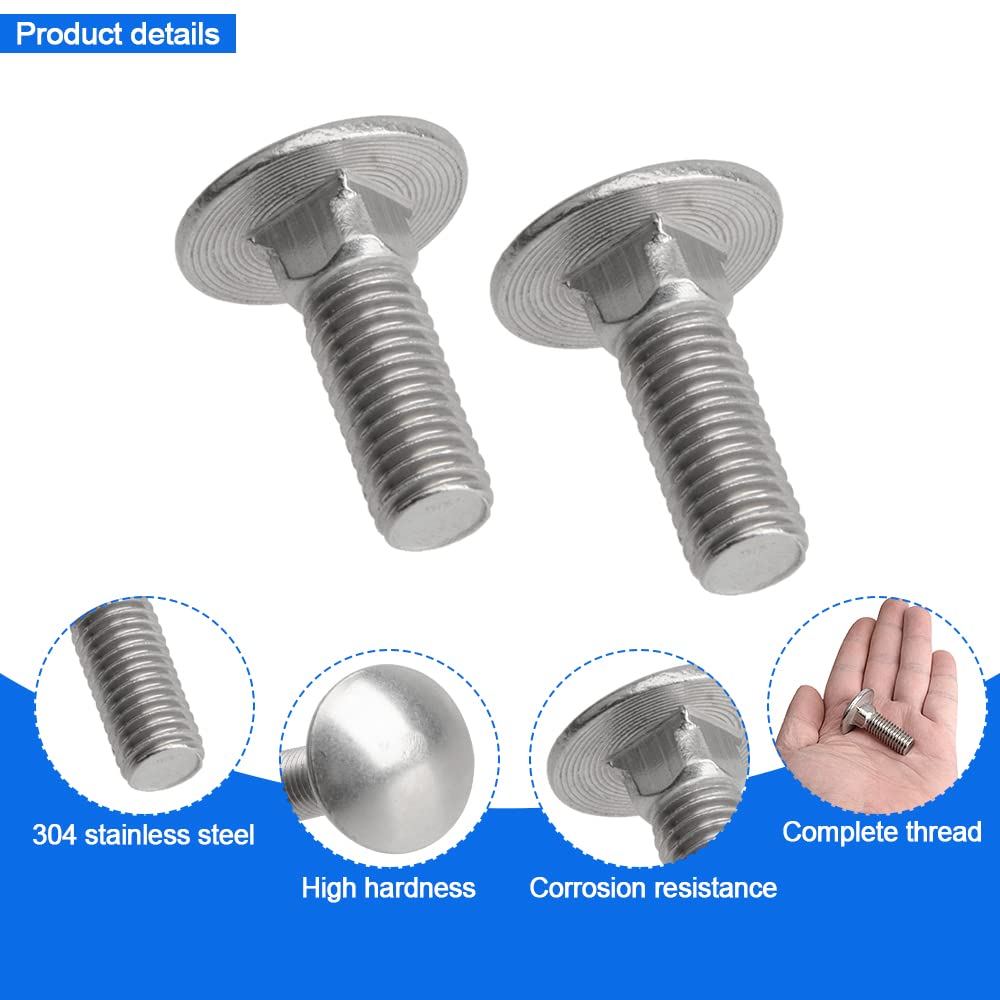 PENCK M12 Carriage Bolts, Thread Length 25mm/1", 304 Stainless Steel Carriage Bolt Screws, Round Head Square Neck Bolt Fasteners, Silver Tone, 6 Pcs