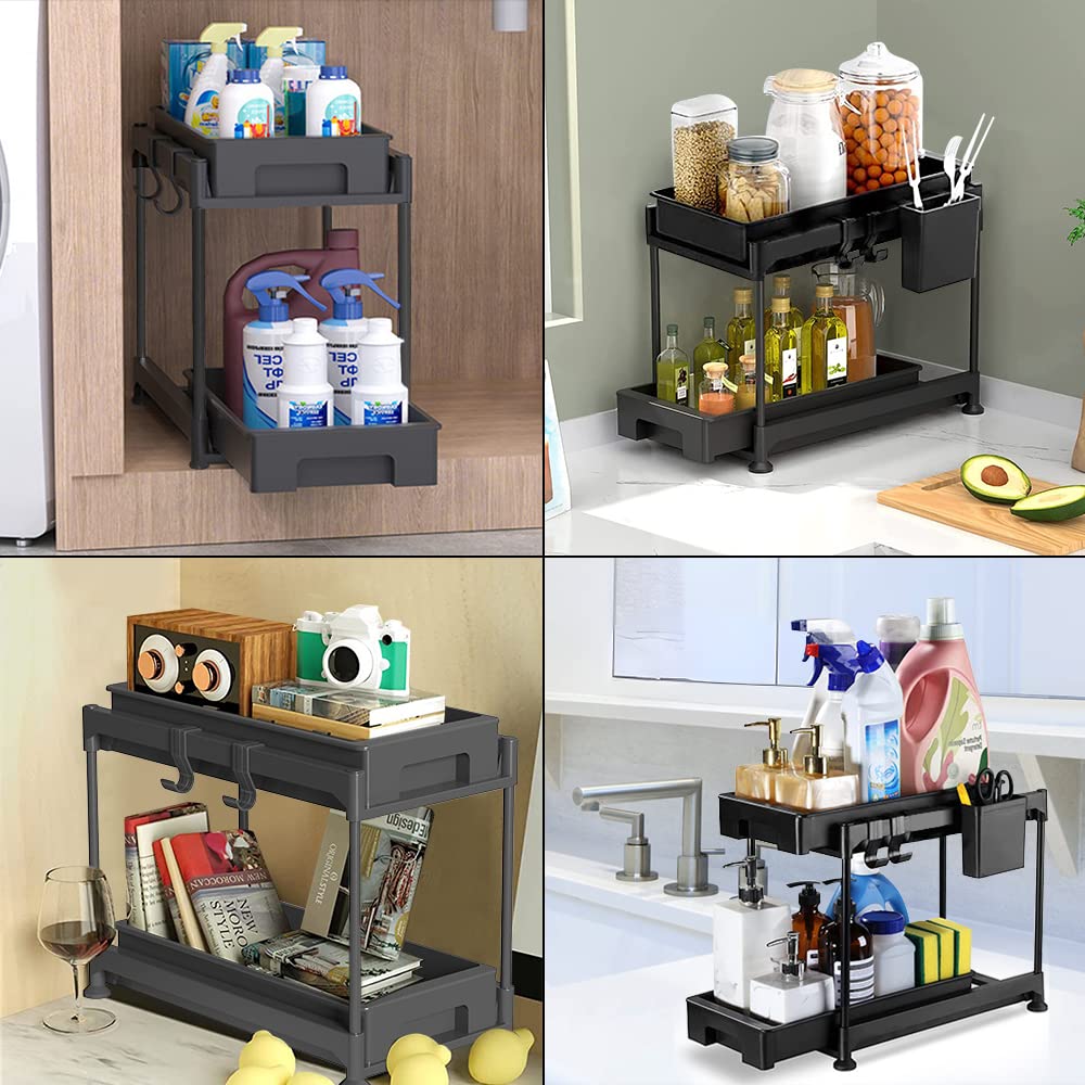 LBW 2 Packs Under Sink Organizer and Storage, 2 Tier Sliding Bathroom Cabinet Organizers Multi-Purpose Kitchen Organization and Storage,Drawer Pantry Organizer with Hooks,Black (Pack of 2)