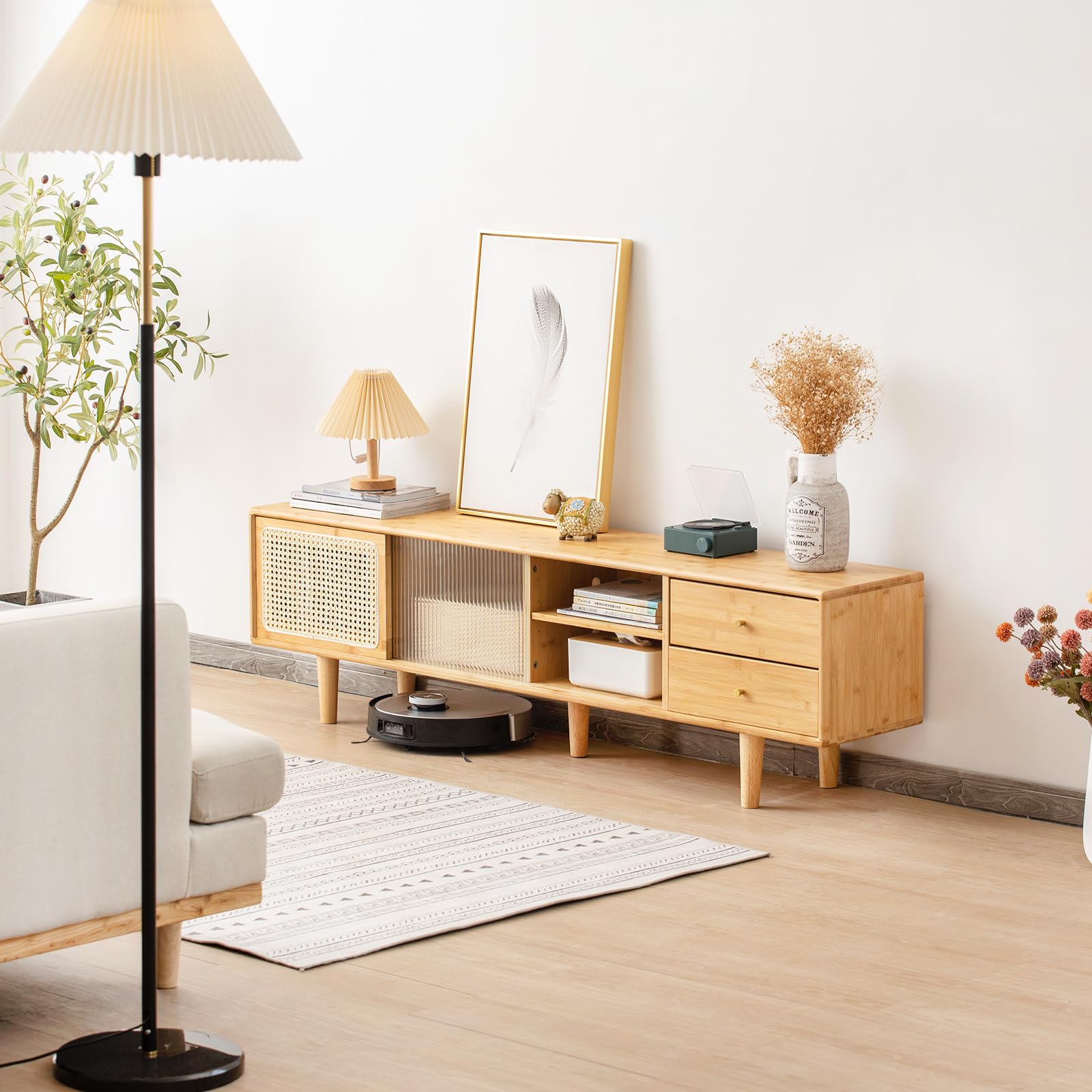 Tiita Rattan TV Stand for 55 60 Inch TV, Bamboo TV Cabinet with 2 Drawers, Boho Entertainment Center with Adjustable Shelf, Mid Century Modern Media Console for Bedroom, Living Room, Study